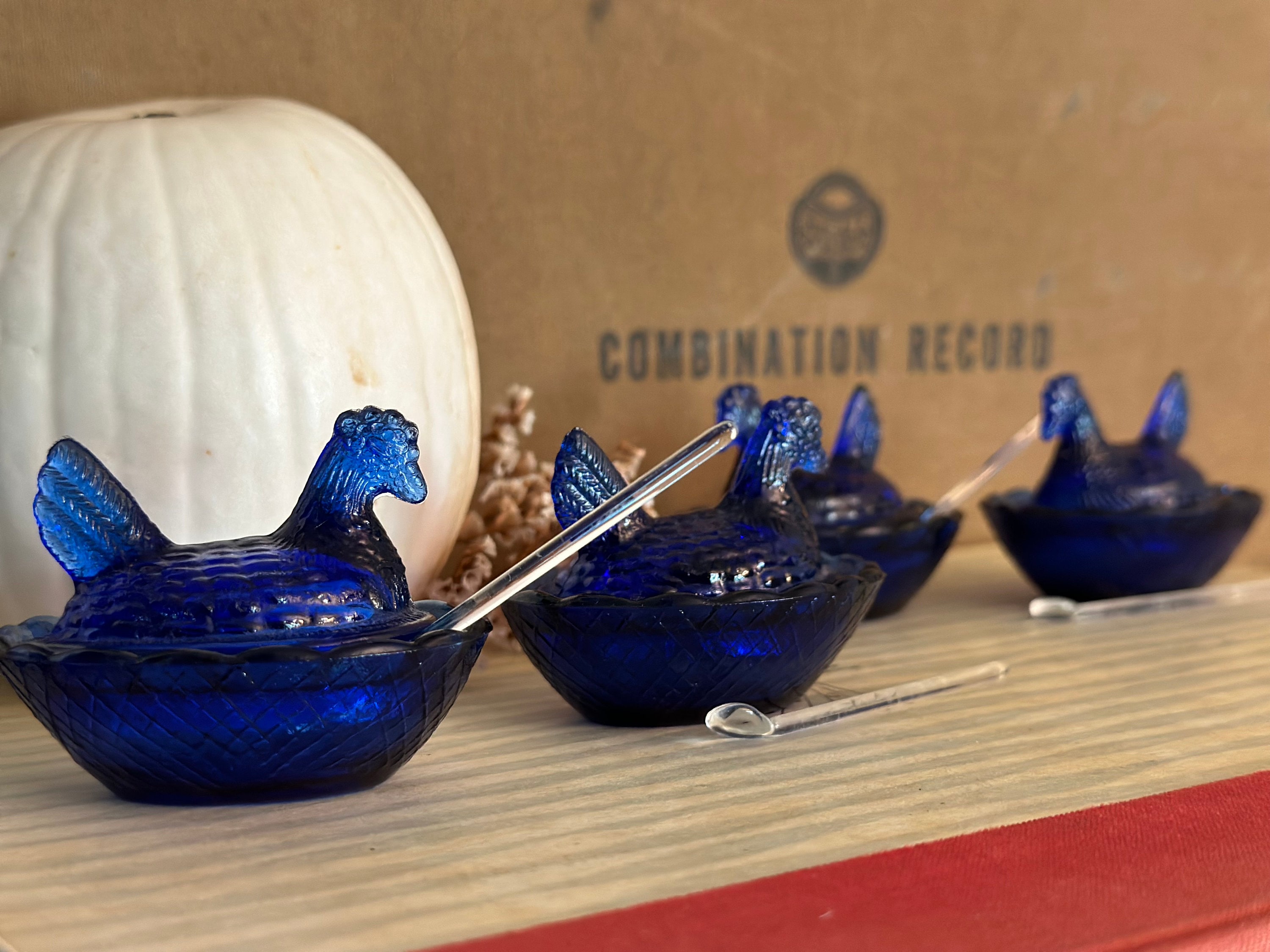 Cobalt Blue Miniature Hen on Nest Salt Cellars, 4 Available With Glass ...