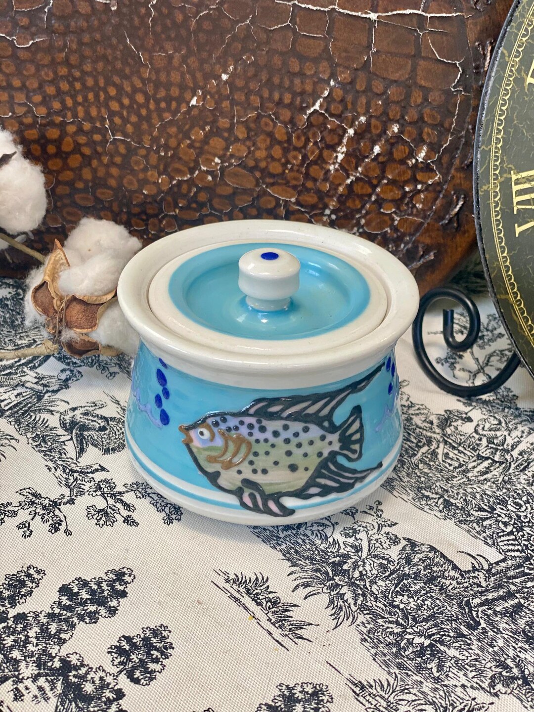 Hand Painted Fish Pottery Crock, Coastal Decor Lidded Jar - Etsy
