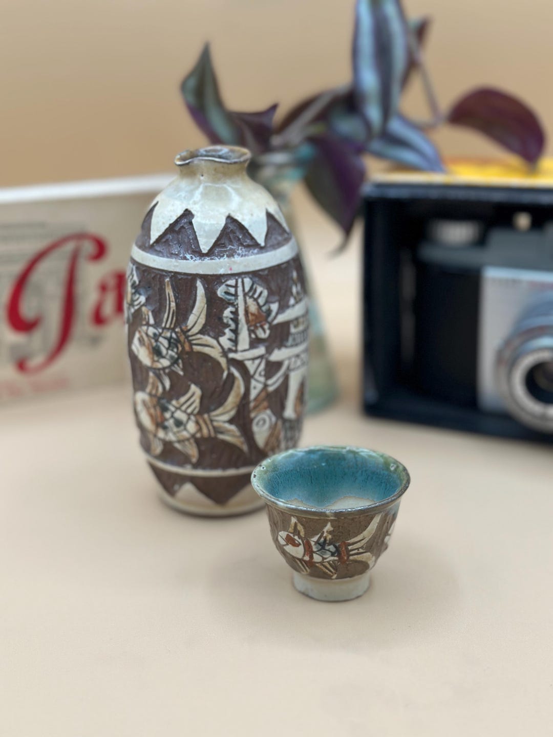 Studio Pottery Sake Bottle and Cup Fish Motif Okinawan Korean Style ...