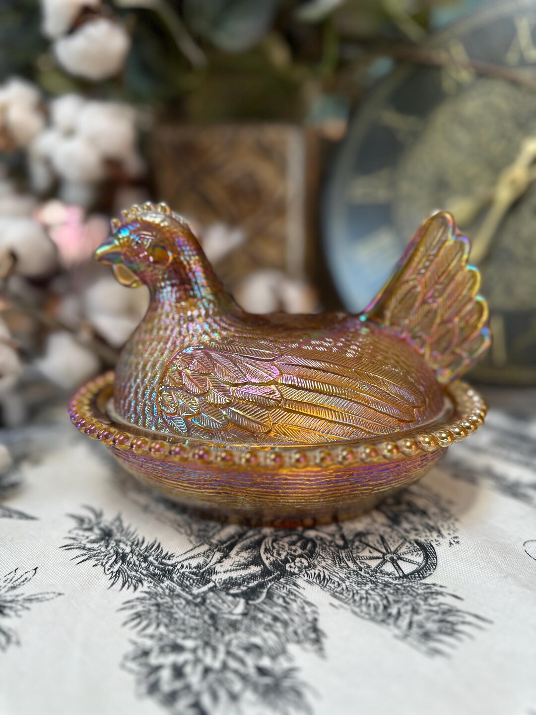 Vintage HON Indiana Glass Iridescent Amber Hen on Nest Covered Candy ...