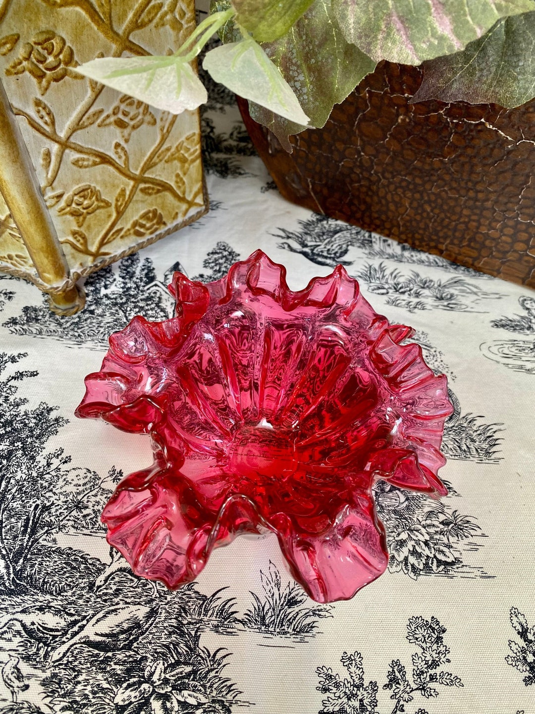 Cranberry Glass Bowl Ruffled Edge Hand Blown Pontil Scar Fenton Style 6 ...