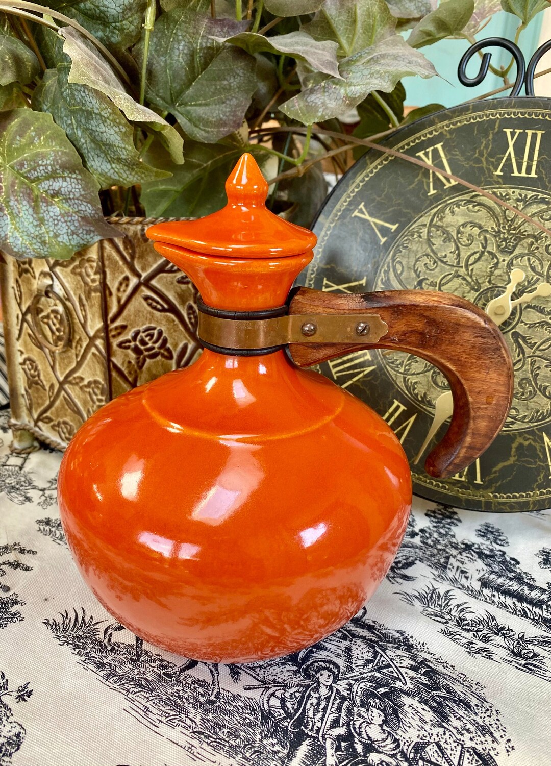 MCM Bauer Pottery Plain Ware Lidded Carafe Coffee Pot Pitcher With Wood ...