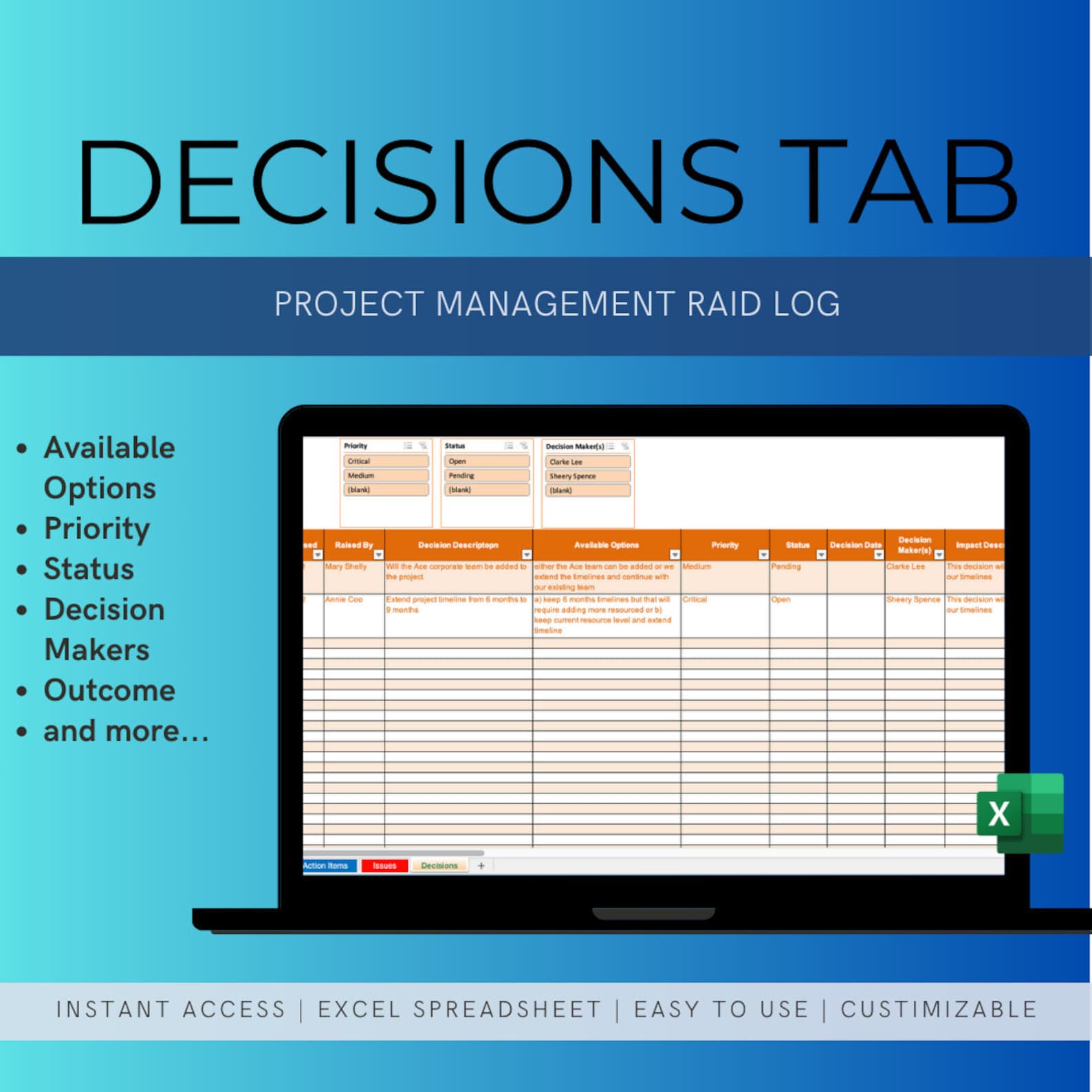 Excel Project Management RAID Log | Risk Log | Actions Log | Issues Log ...