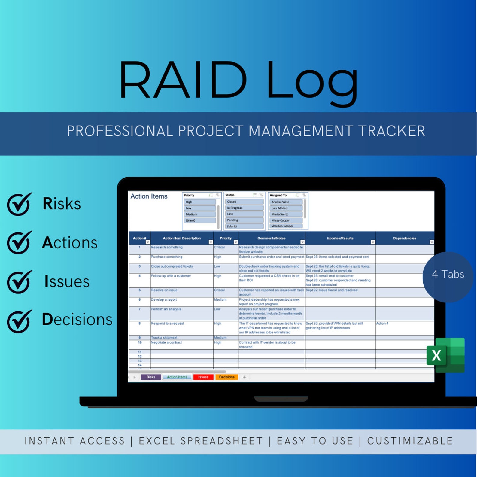 Excel Project Management RAID Log | Risk Log | Actions Log | Issues Log ...