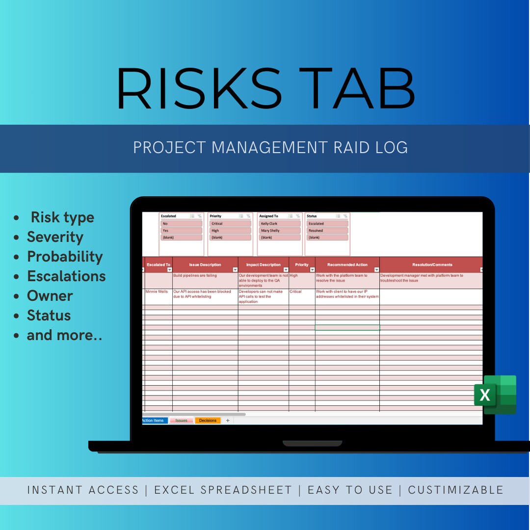 Excel Project Management RAID Log | Risk Log | Actions Log | Issues Log ...