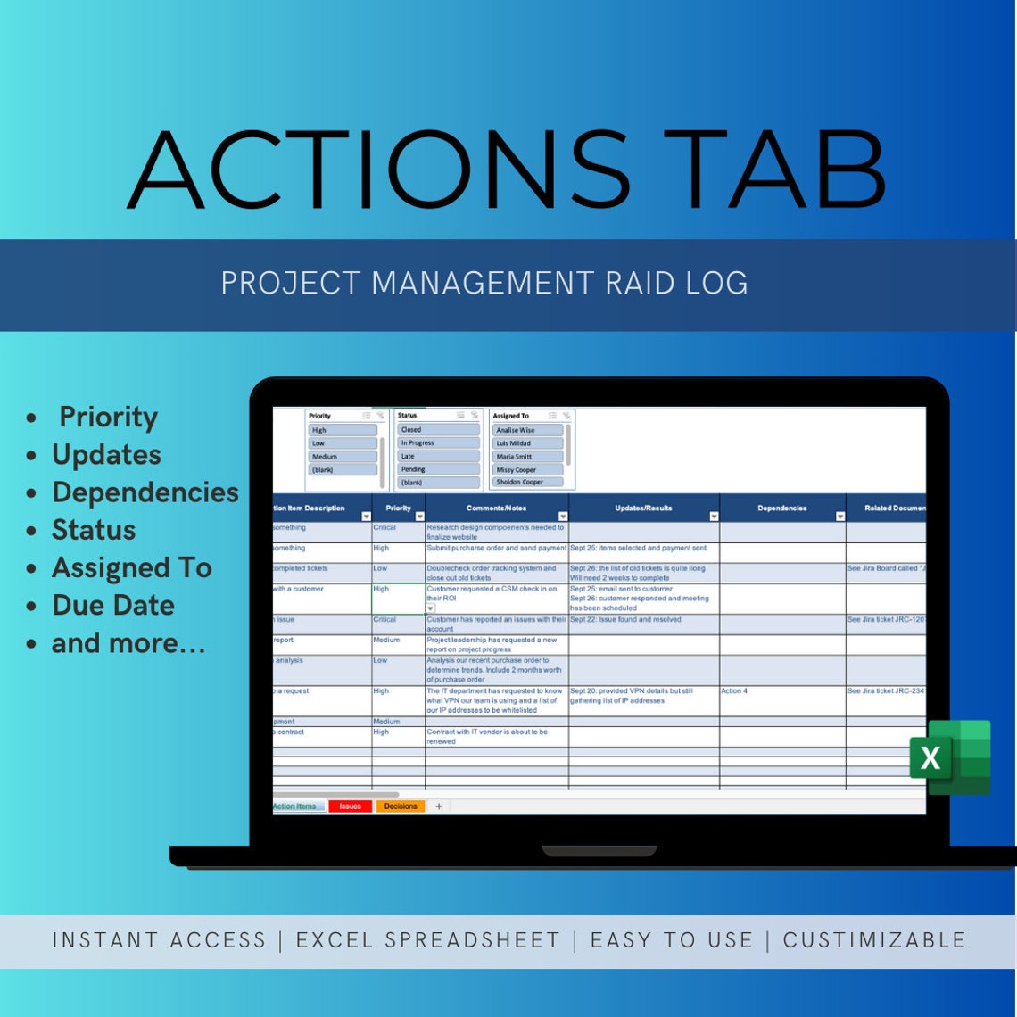Excel Project Management RAID Log | Risk Log | Actions Log | Issues Log ...