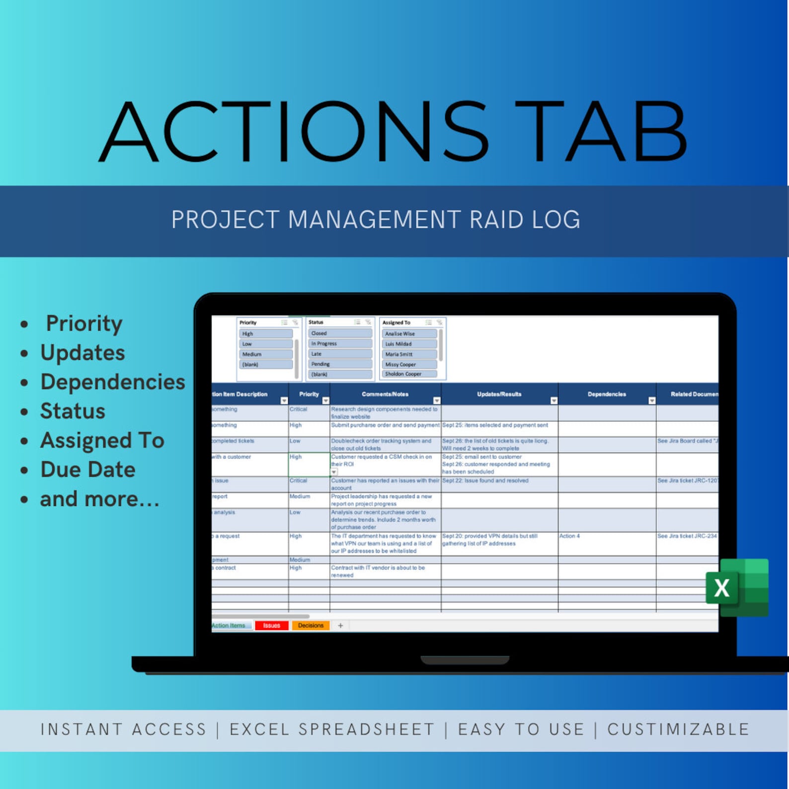 Excel Project Management RAID Log | Risk Log | Actions Log | Issues Log ...
