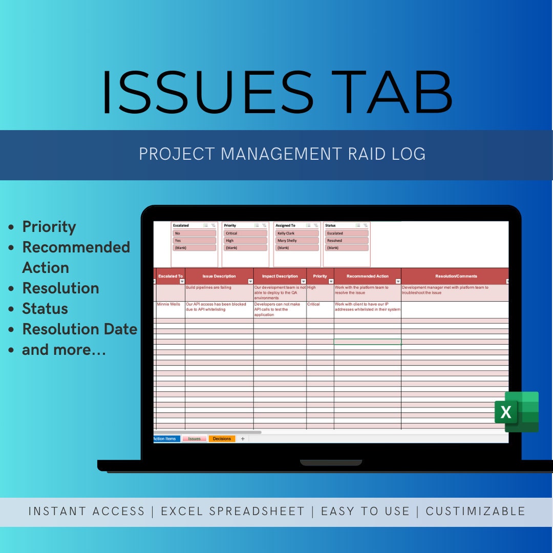 Excel Project Management RAID Log | Risk Log | Actions Log | Issues Log ...