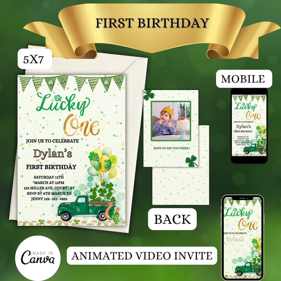 Editable Lucky One Birthday Invitation, Shamrock Birthday Invite, St ...