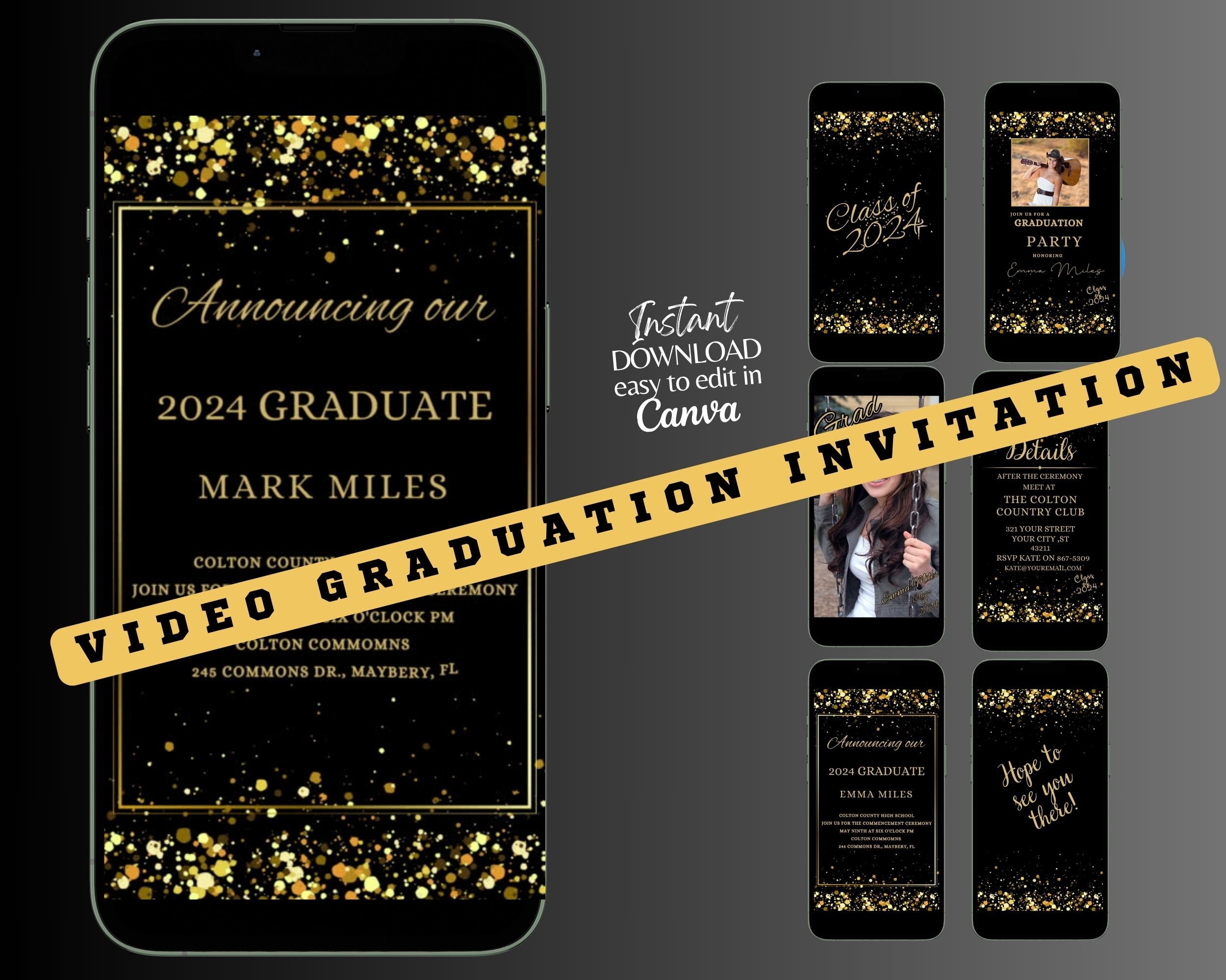 Animated Graduation Invitation, Video Gold Party Announcement Invite ...
