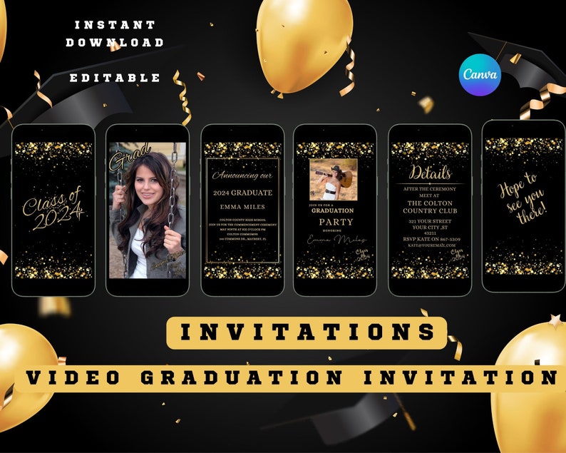 Animated Graduation Invitation, Video Gold Party Announcement Invite ...