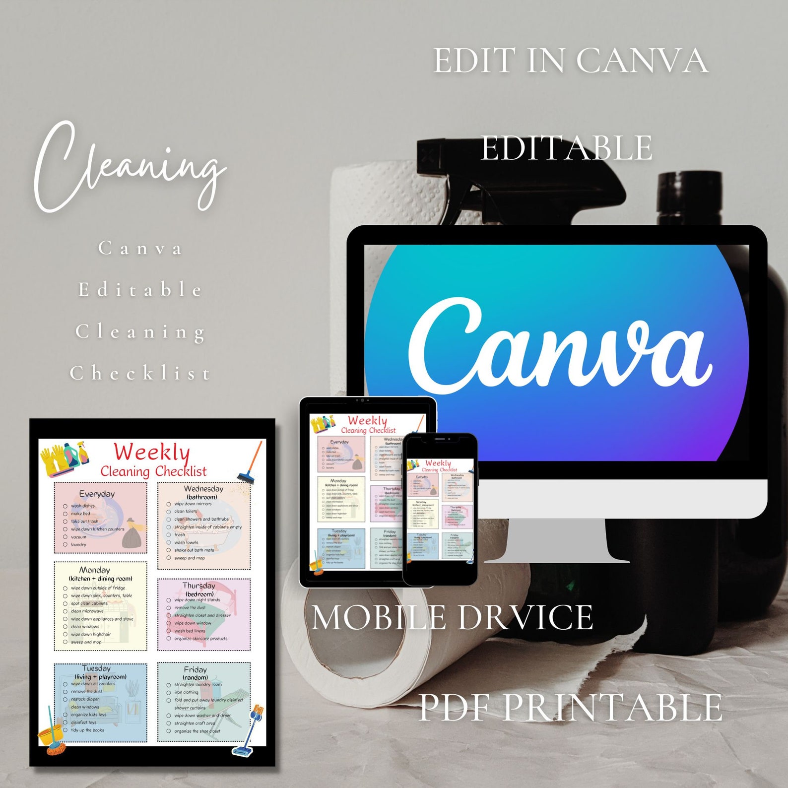 Editable Weekly Cleaning Checklist: Canva Template (digital Download ...