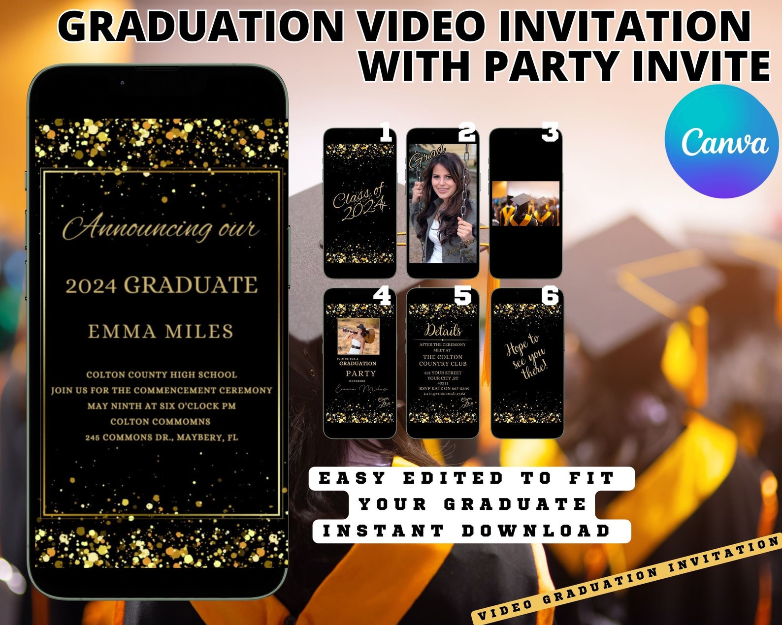Animated Graduation Invitation, Video Gold Party Announcement Invite ...
