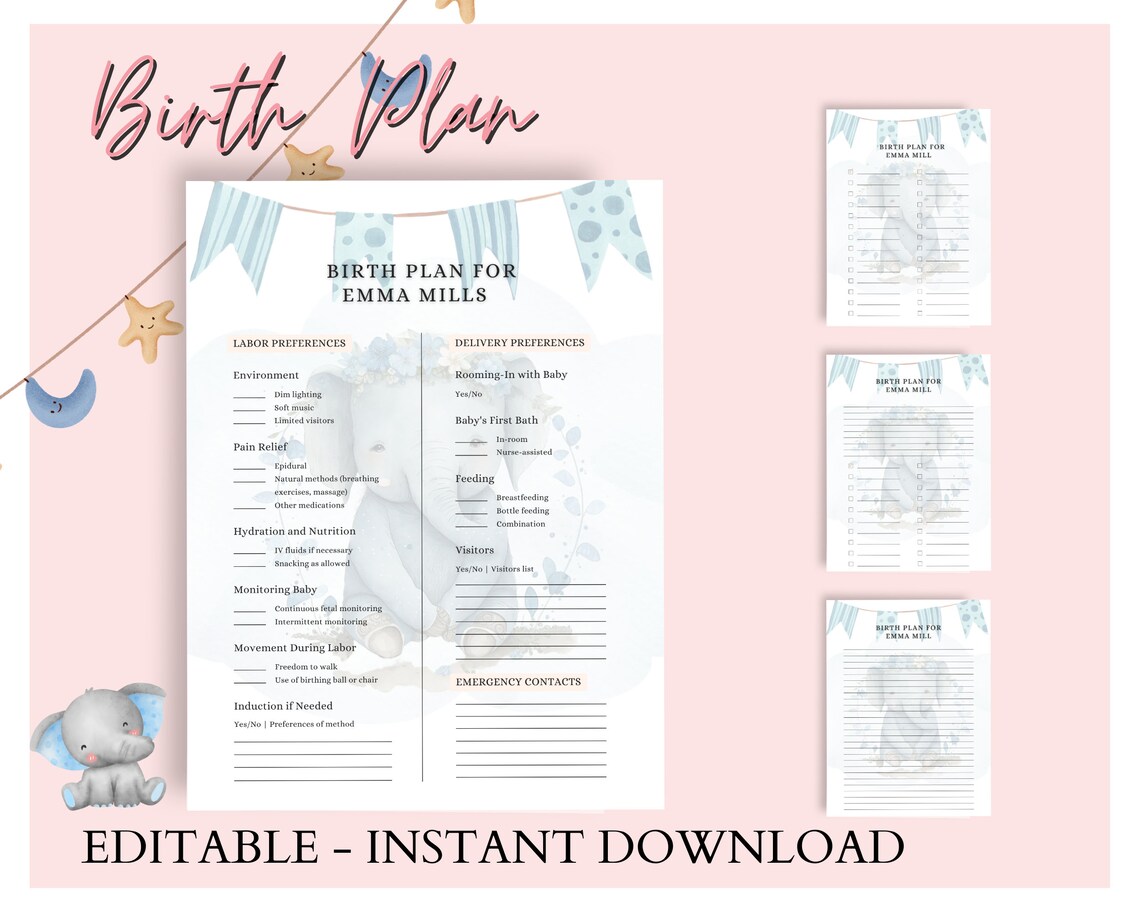Editable Birth Plan Template | Printable Birthing Plan | Labour and ...