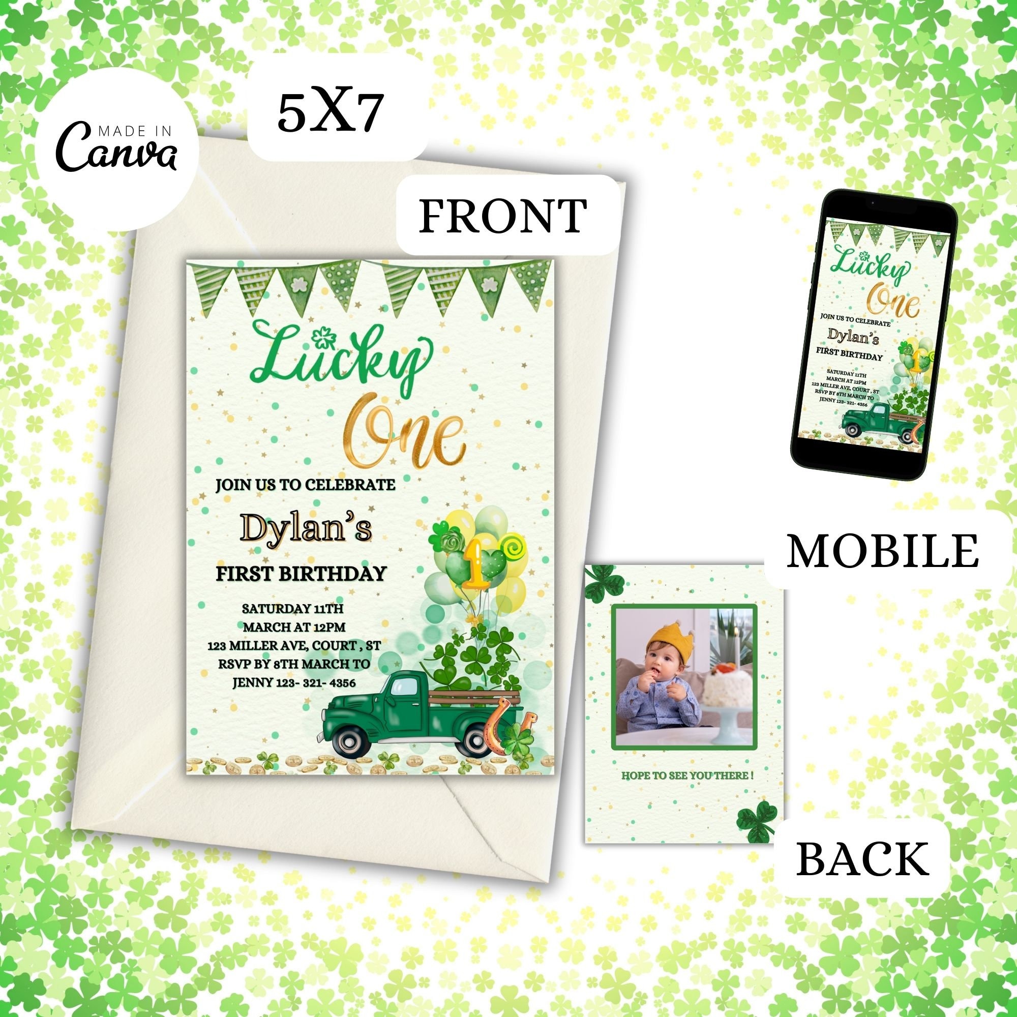 Editable Lucky One Birthday Invitation, Shamrock Birthday Invite, St ...