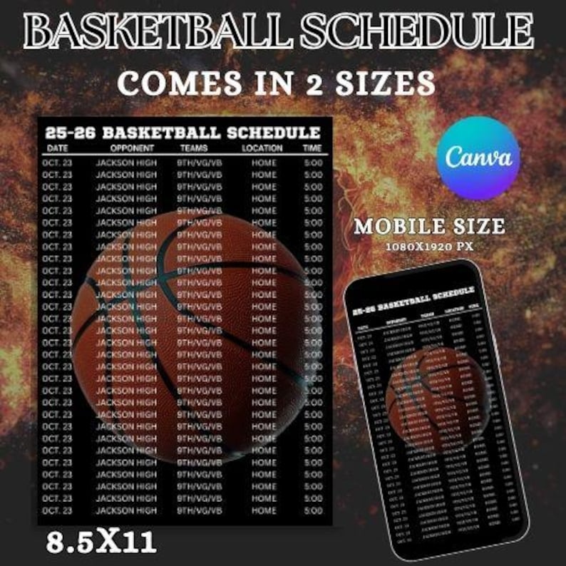Editable Basketball Schedule Template: Canva DIY Printable (digital ...