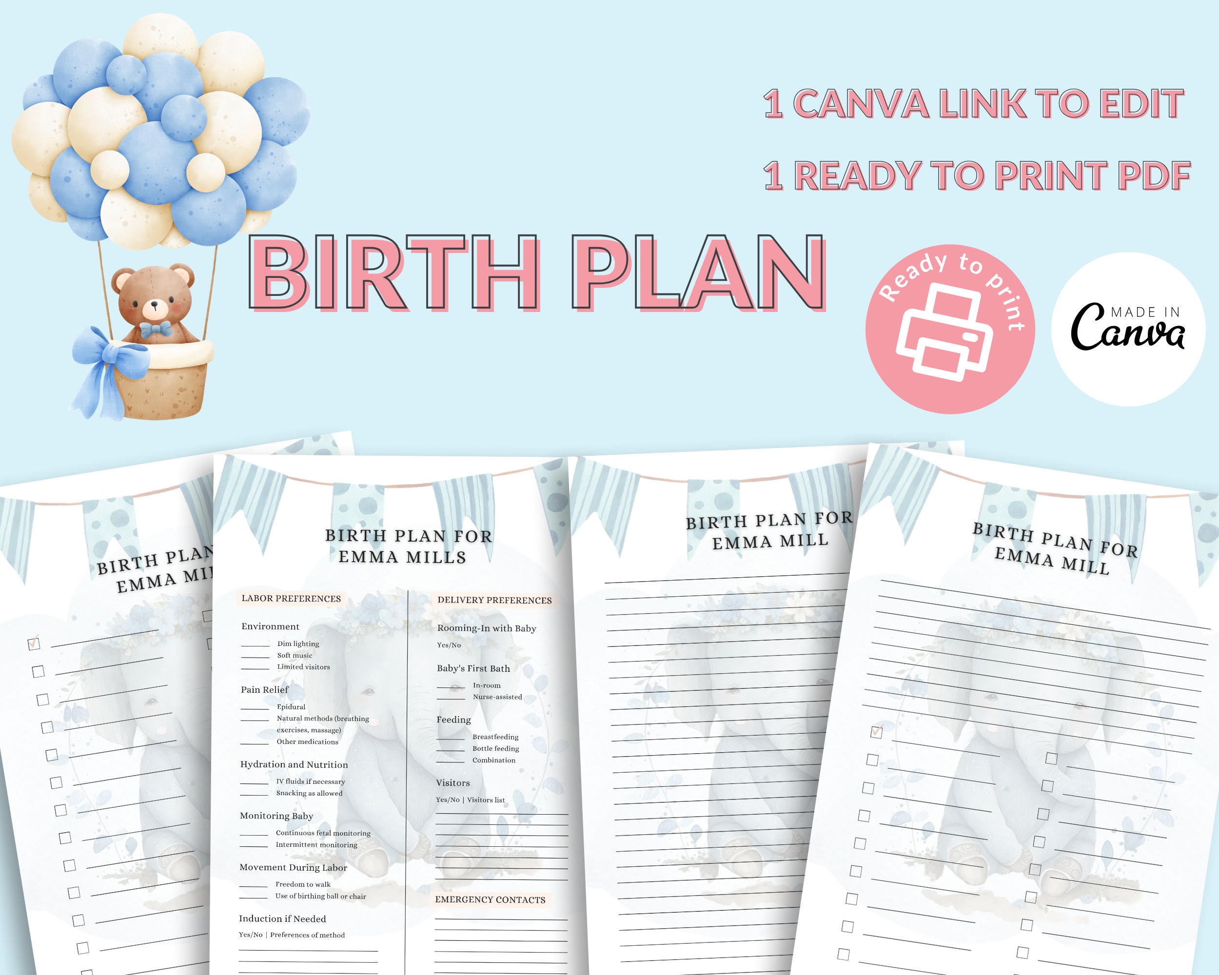 Editable Birth Plan Template | Printable Birthing Plan | Labour and ...