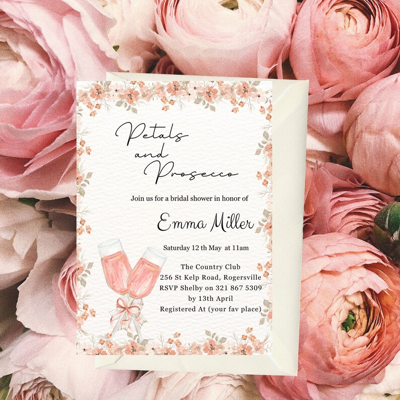 Petals and Prosecco Bridal Shower Invitation: Pink Floral Template - Etsy