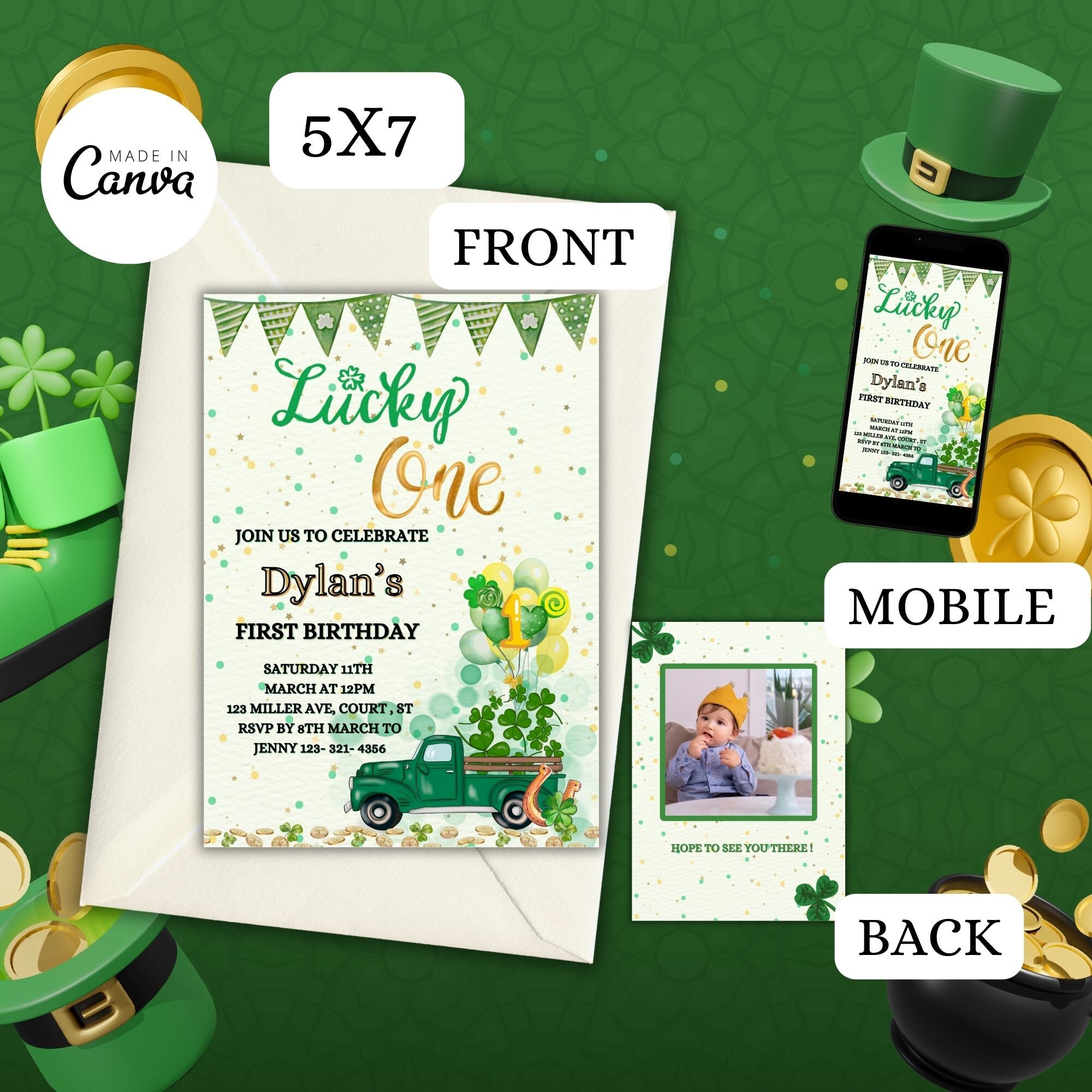 Editable Lucky One Birthday Invitation, Shamrock Birthday Invite, St ...