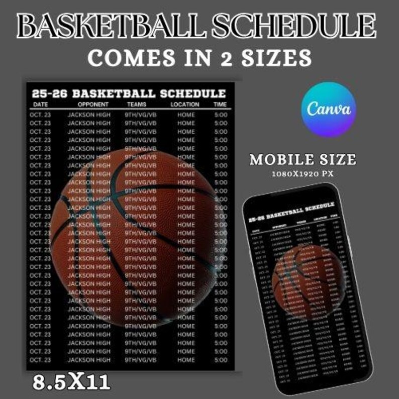 Editable Basketball Schedule Template: Canva DIY Printable (digital ...