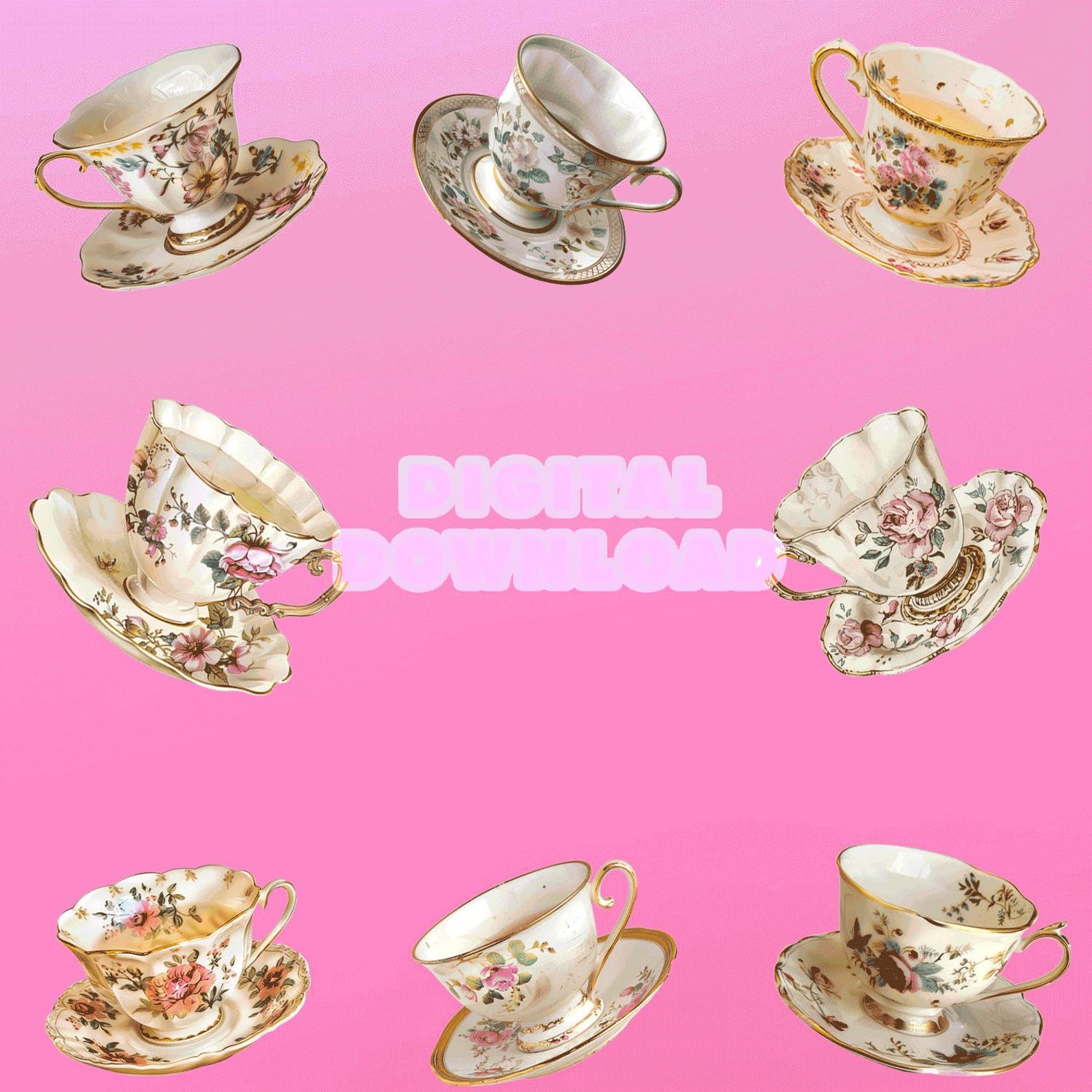 Vintage Floral Tea Cup Set | PNG Clipart - Etsy