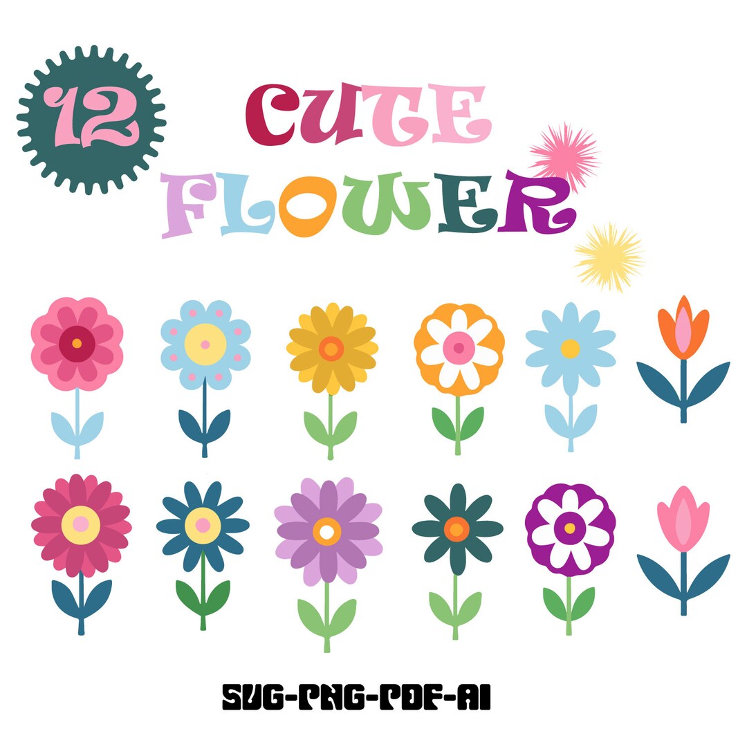 Cute Flower Svg Bundle 12 Pc , Gardening Flower Icon Svg, Flat Flowers ...