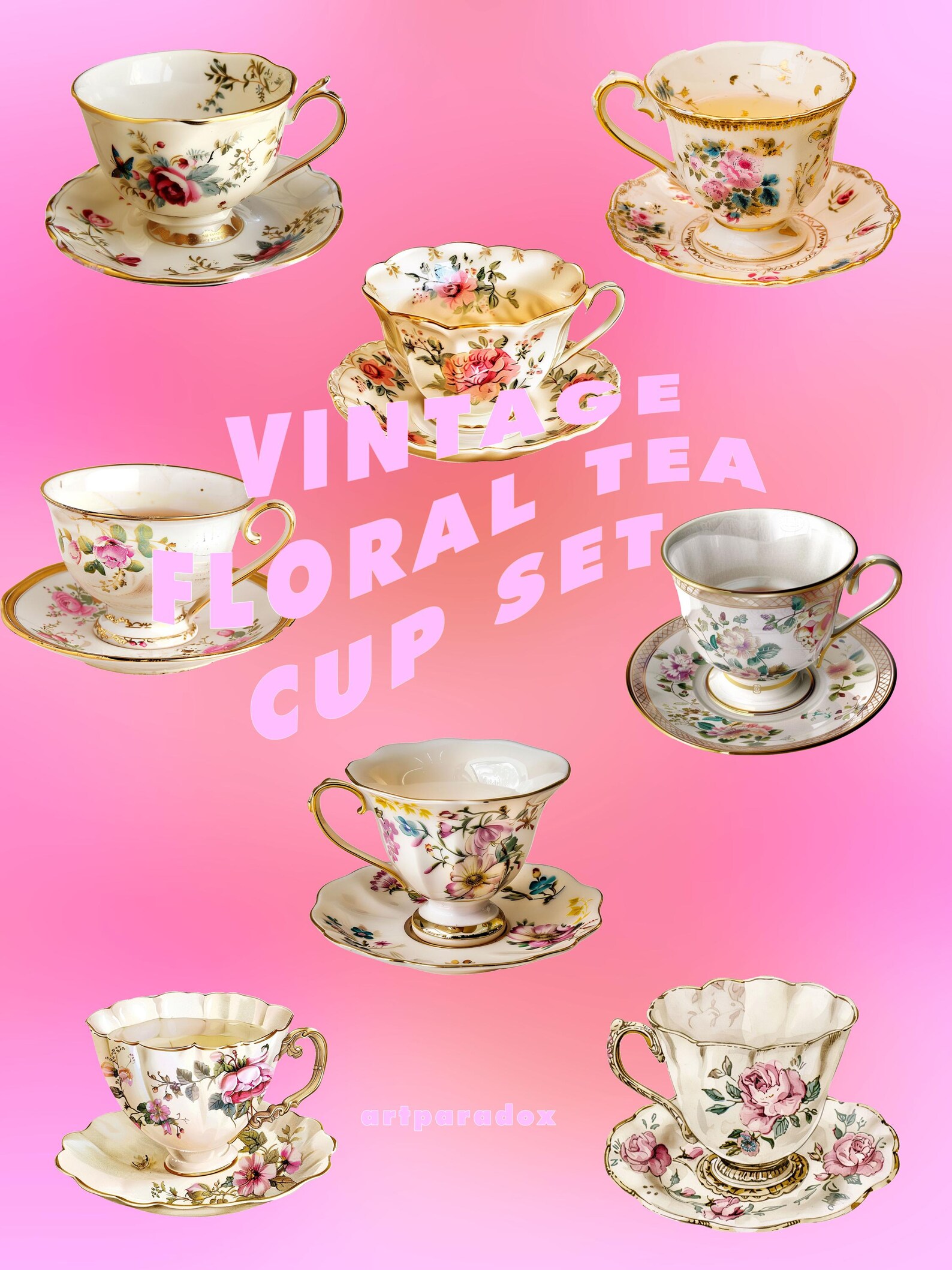 Vintage Floral Tea Cup Set | PNG Clipart - Etsy