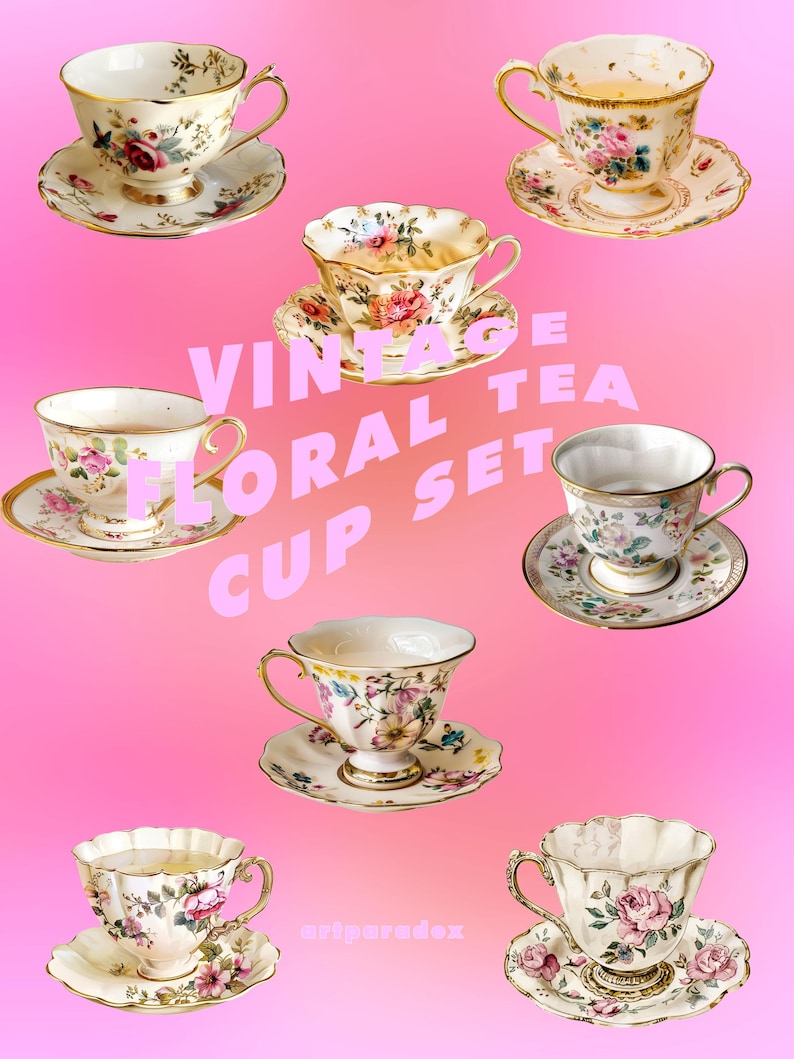 Vintage Floral Tea Cup Set PNG Clipart - Etsy