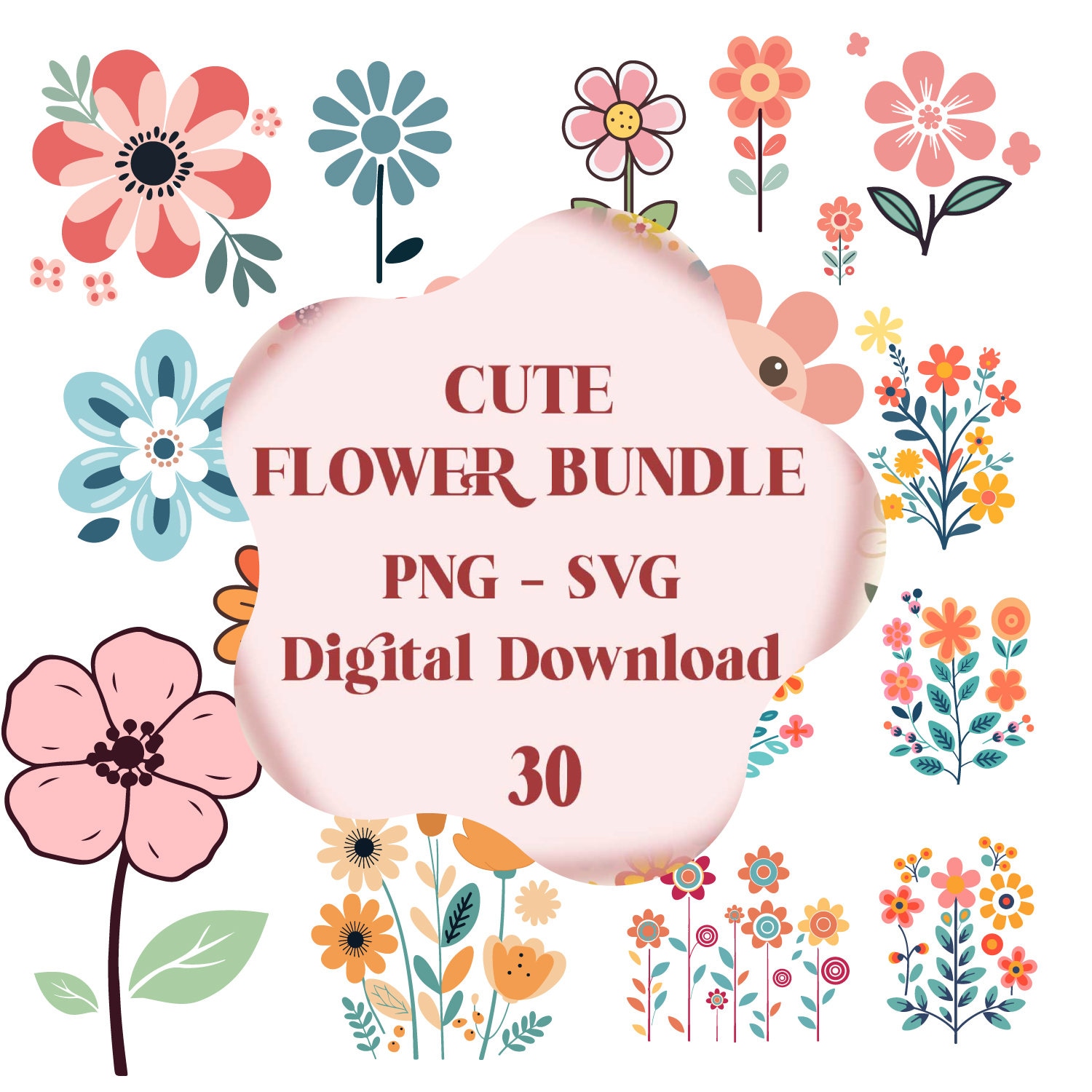 Cute Flower Svg Bundle, Gardening Flower Icon Svg, Flat Flowers Clipart ...