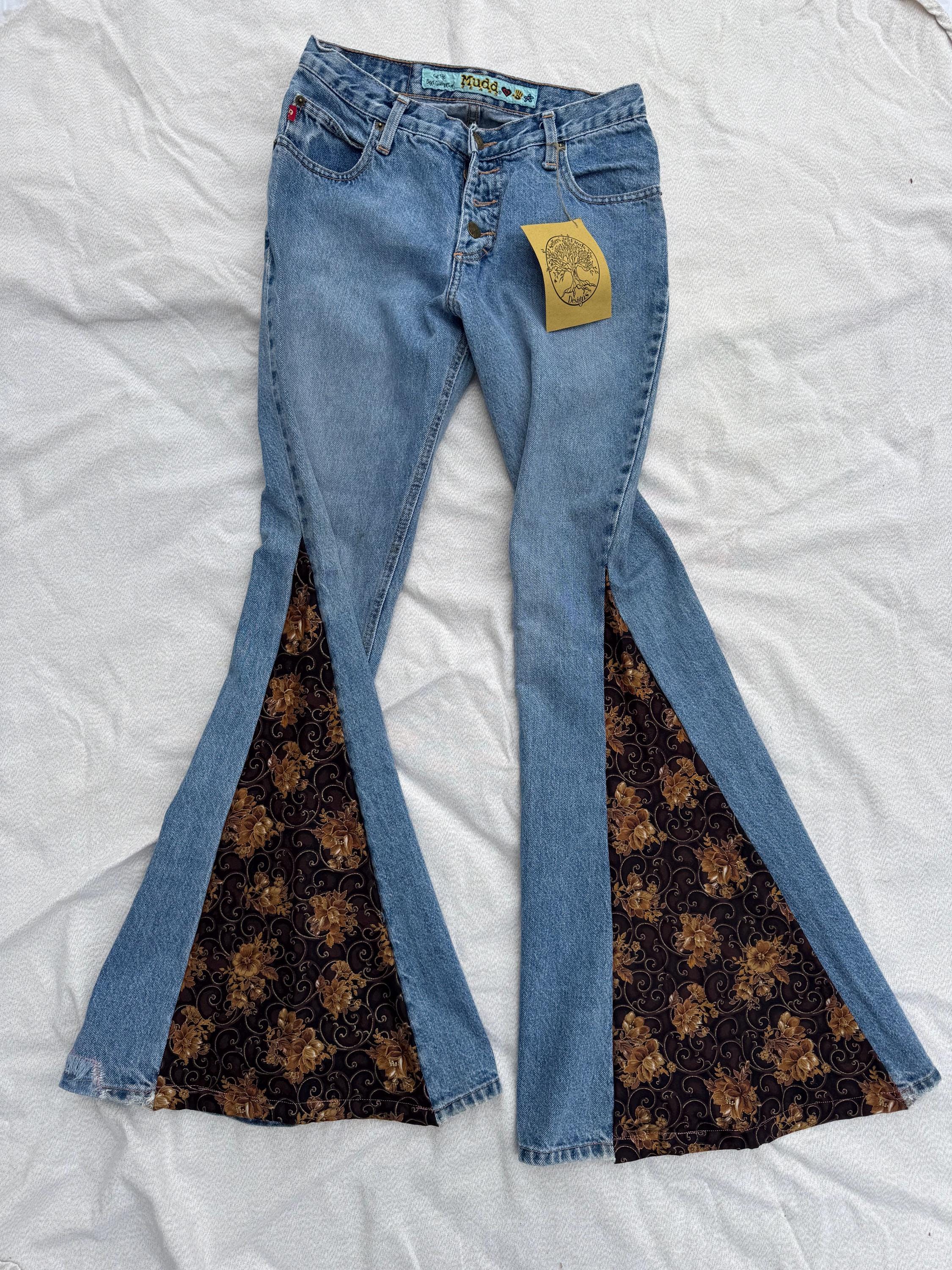 Patchwork Bell Bottom Jeans Pants Retro 1960s 1970s Hippie Style Denim ...