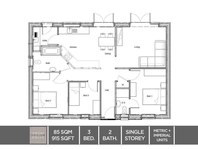 Modern Tiny House Bungalow Plan: 3 Bed, 2 Bath (CAD + PDF + 3D Model ...