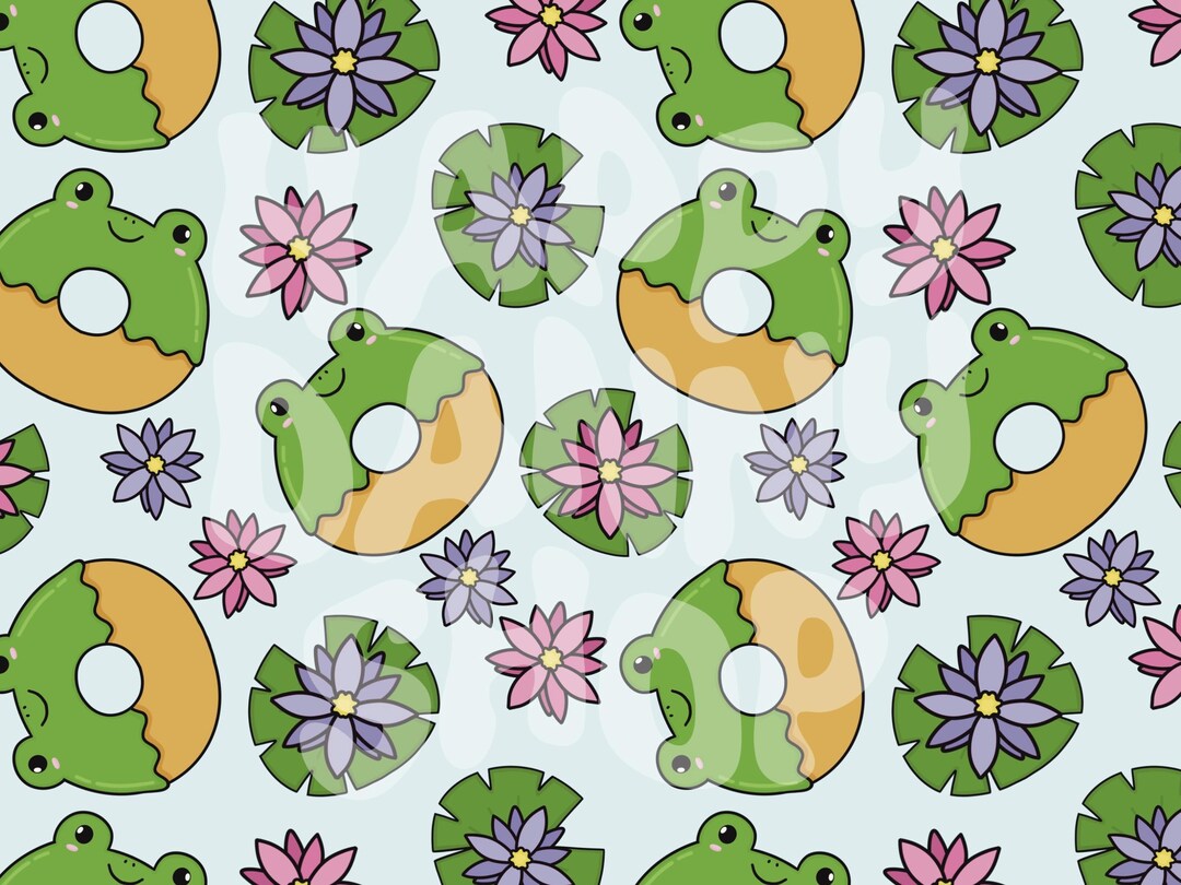 Seamless Pattern Digital Paper - Cute Frog Donuts and Lily Pads - Green and Light Blue ...