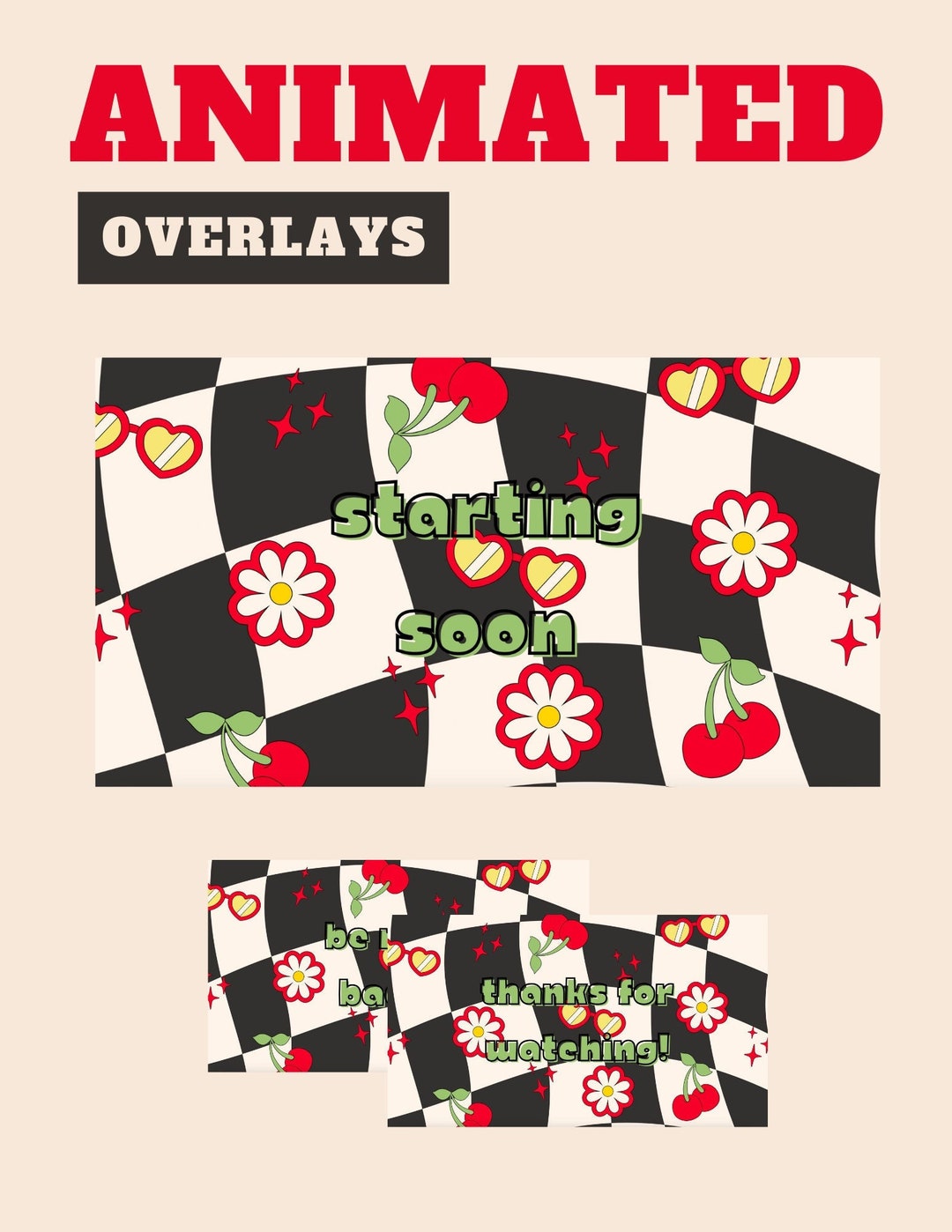 Checker Animated Twitch Overlay Pack Cherries, Flowers, Y2K, Girly ...