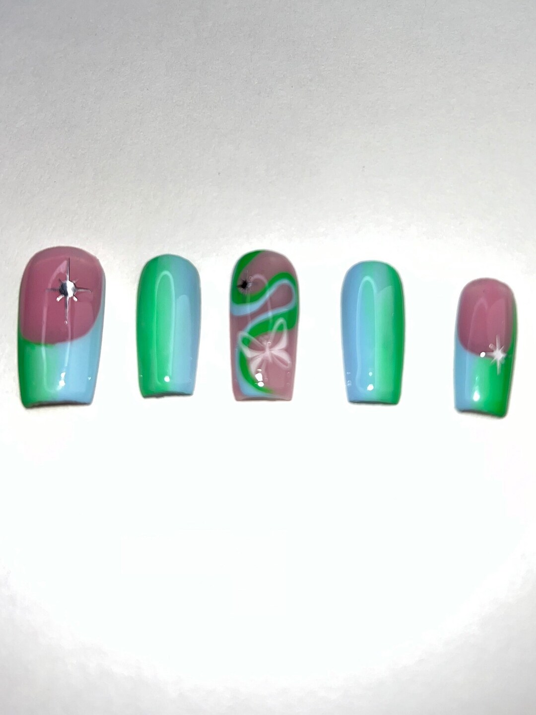Neon Ombre Butterfly French Tips Custom Press-on Nails Cute Custom ...