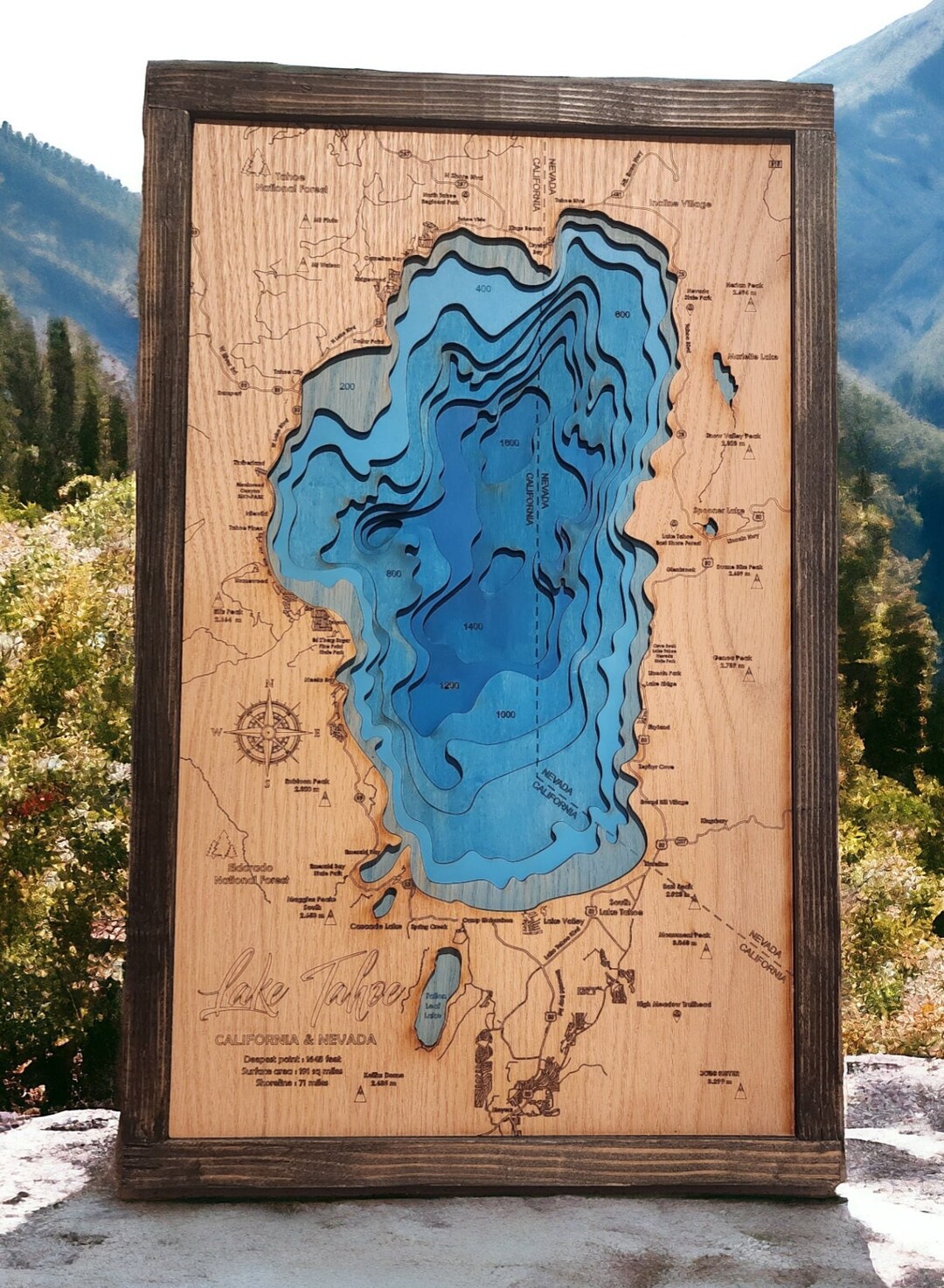 Layered Wood Bathymetric Topographic Lake Tahoe Map Locally Made in ...