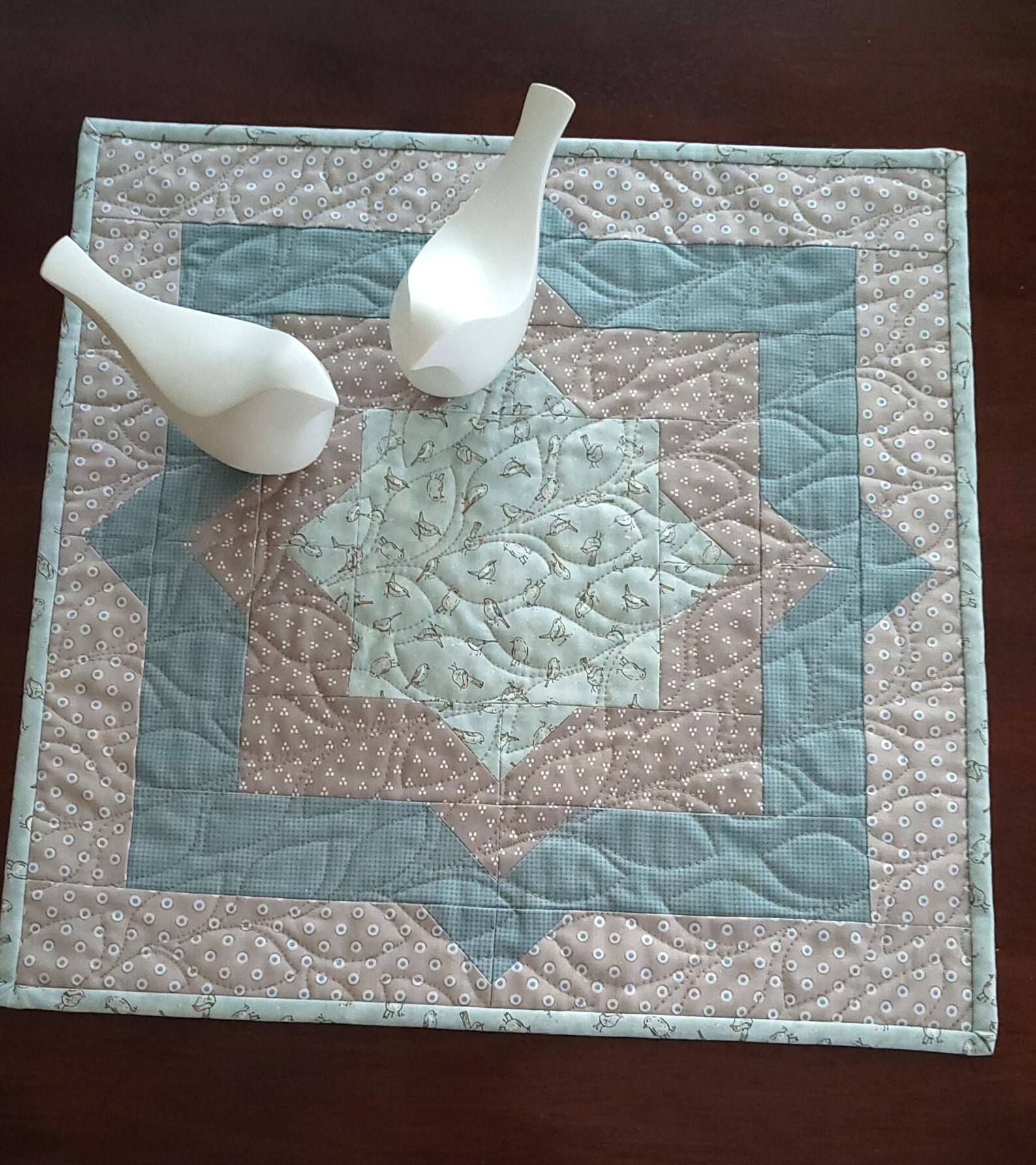 Blue Taupe Table Topper, Quilted Table Topper, 18 Square Table Topper ...