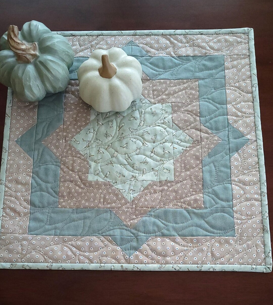 Blue Taupe Table Topper, Quilted Table Topper, 18 Square Table Topper ...