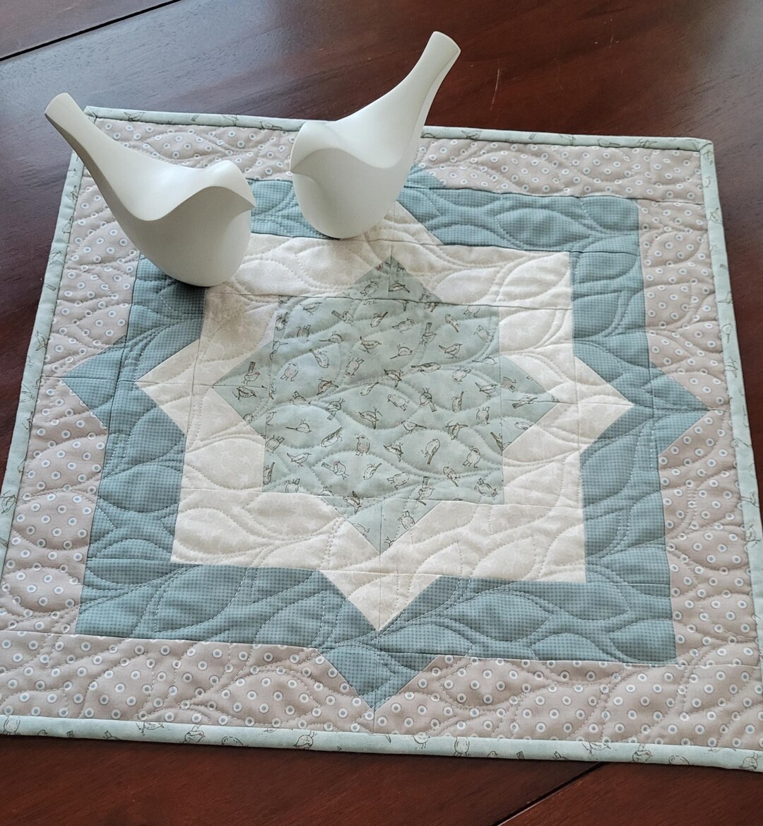 Blue Taupe Table Topper, Quilted Table Topper, 18 Square Table Topper ...