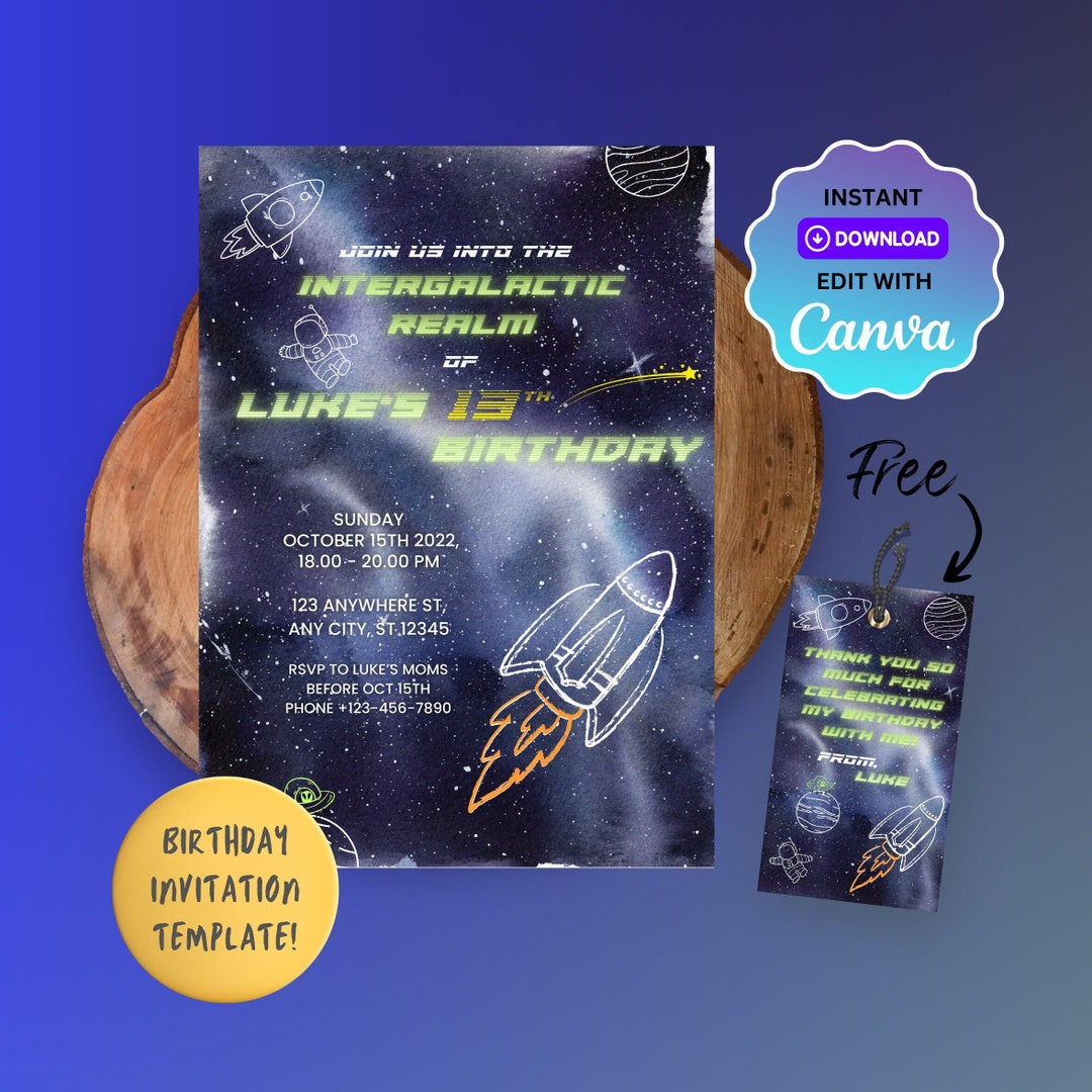 Space Galaxy Kids Birthday Invitation, Rocket Ship Theme, Galaxy Theme ...