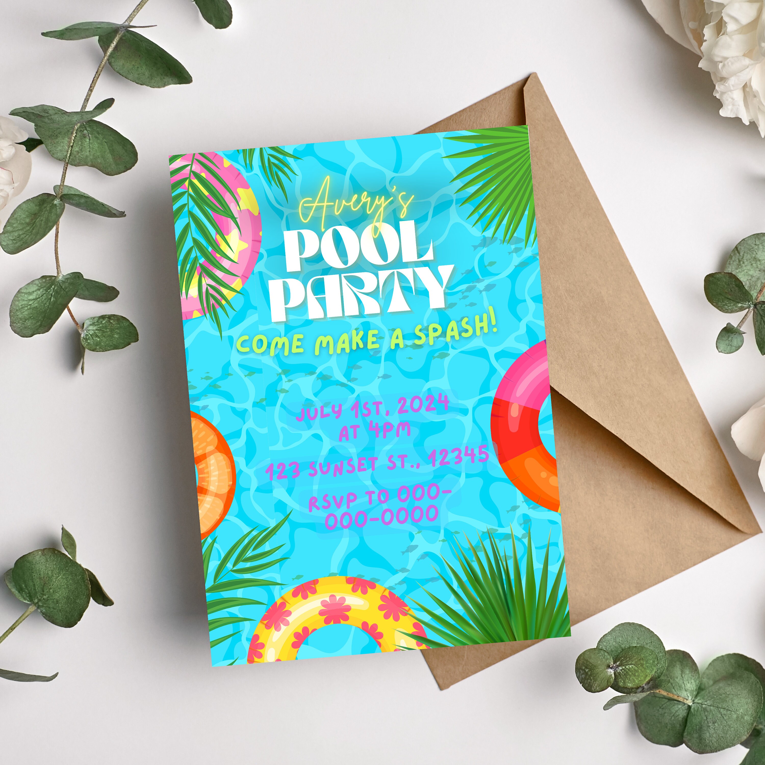 Summer Pool Party Invitation Template, Pool Birthday Invitation ...
