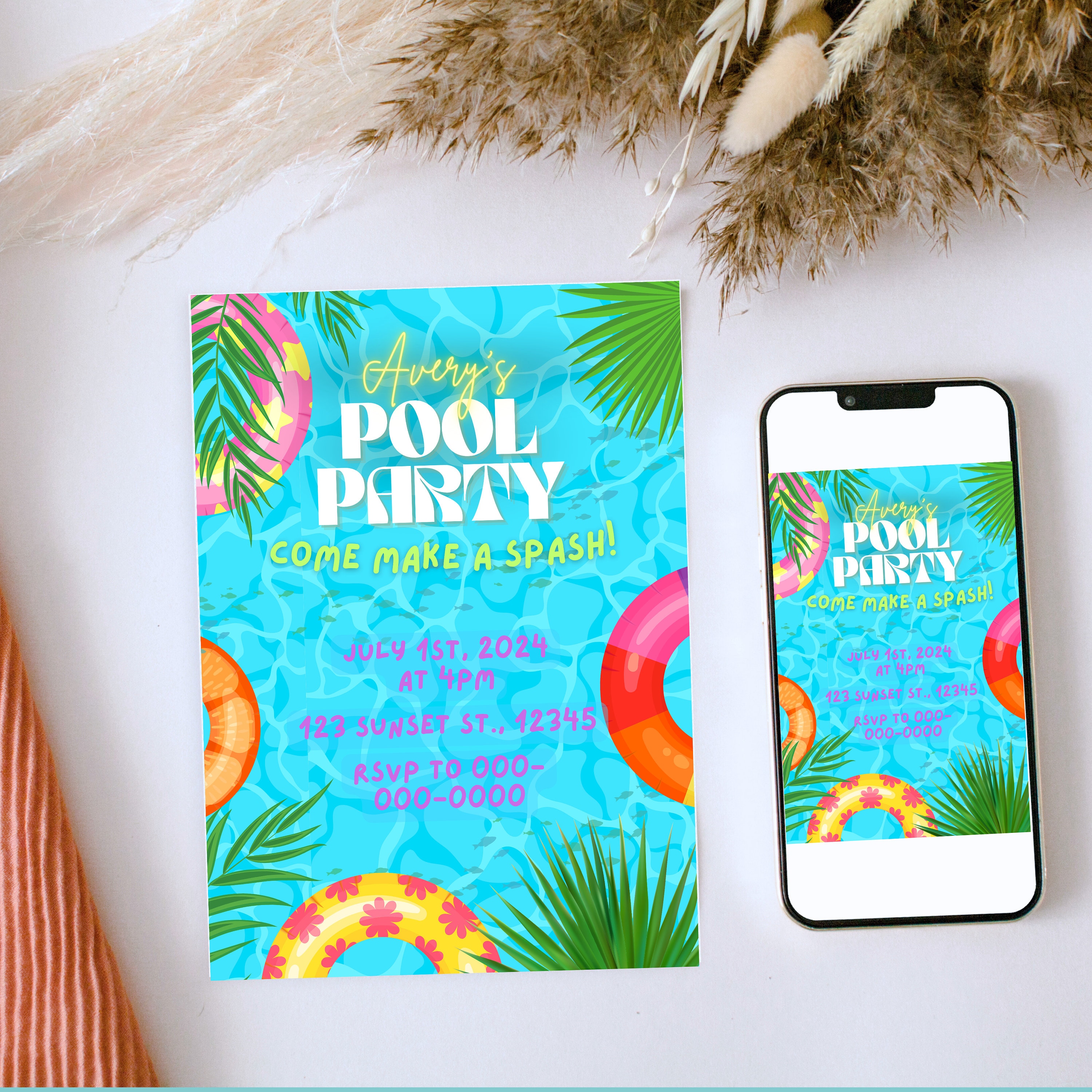 Summer Pool Party Invitation Template, Pool Birthday Invitation ...