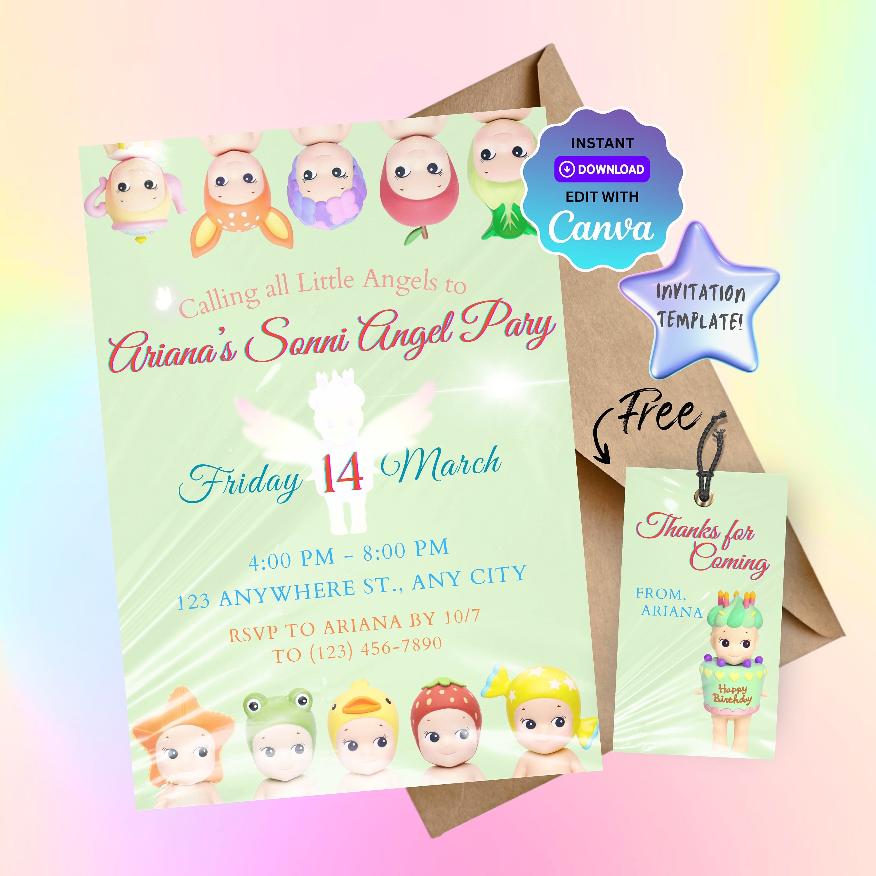 Green Sonny Angel Birthday Invitation Template - Customizable Printable ...