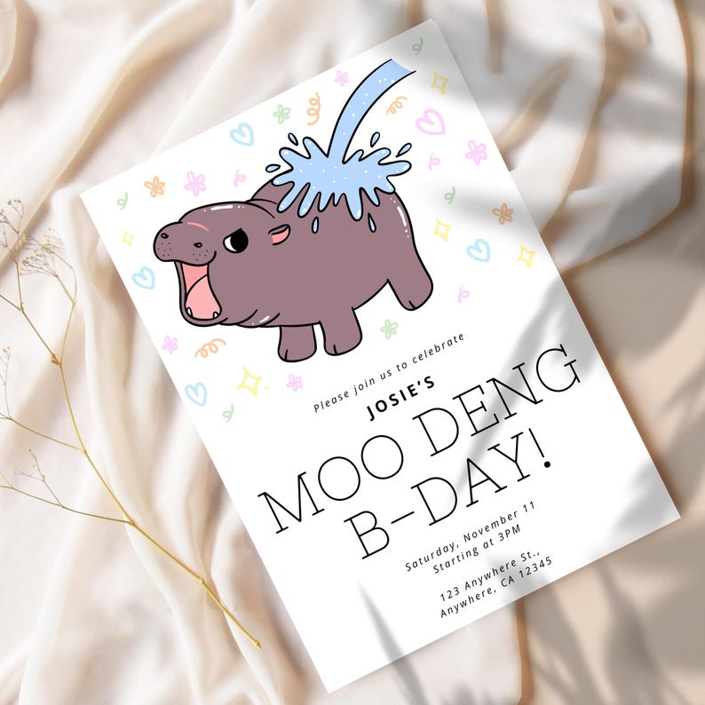 Moo Deng, Moo Deng Birthday Party Invitation Template, Baby Hippo ...