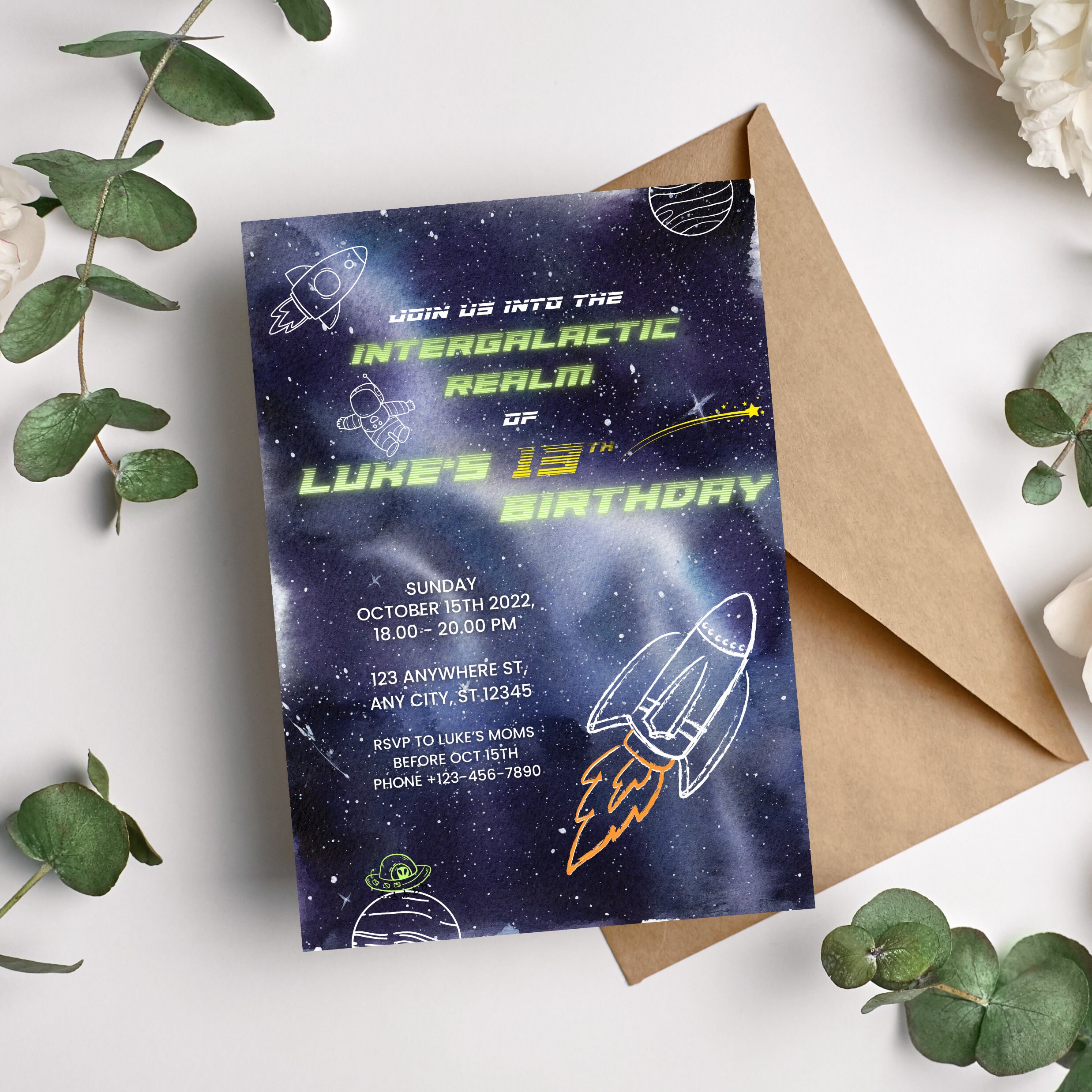 Space Galaxy Kids Birthday Invitation, Rocket Ship Theme, Galaxy Theme ...
