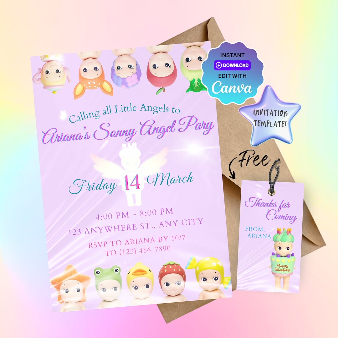 Purple Sonny Angel Birthday Invitation Template - Customizable ...
