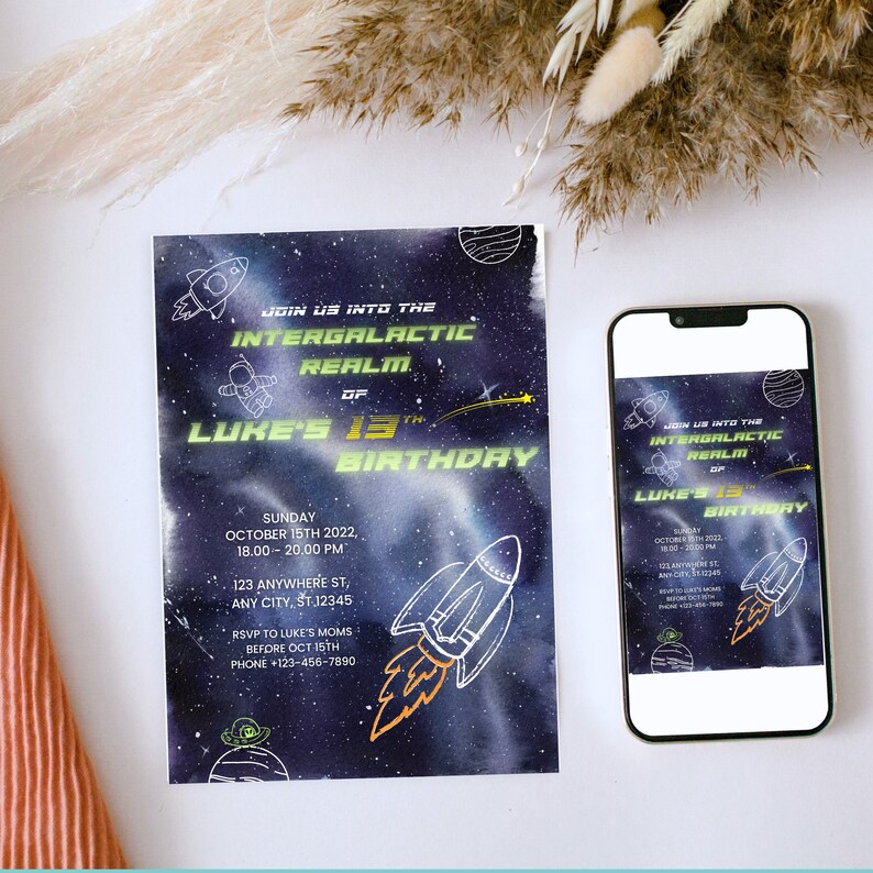 Space Galaxy Kids Birthday Invitation, Rocket Ship Theme, Galaxy Theme ...