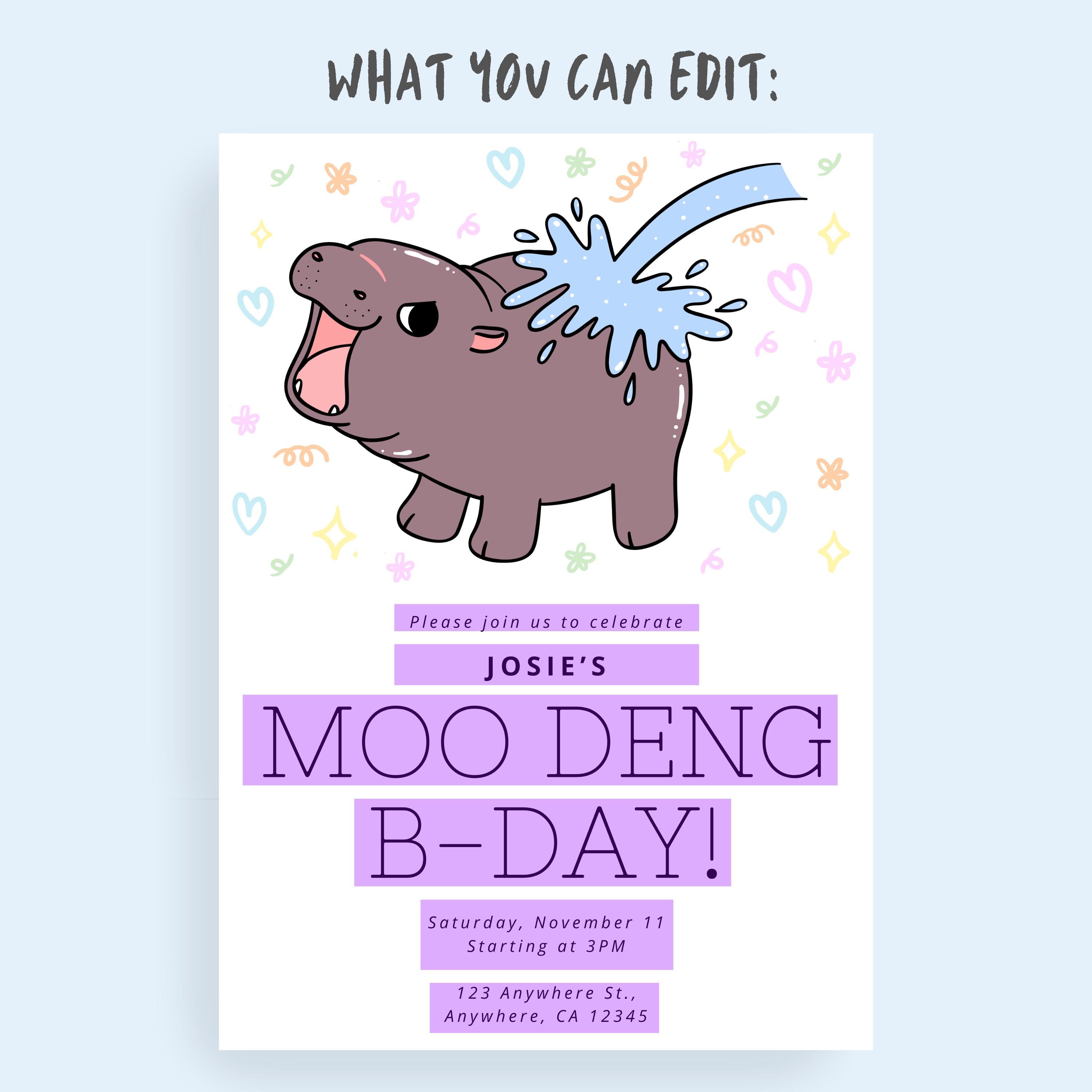 Moo Deng, Moo Deng Birthday Party Invitation Template, Baby Hippo ...