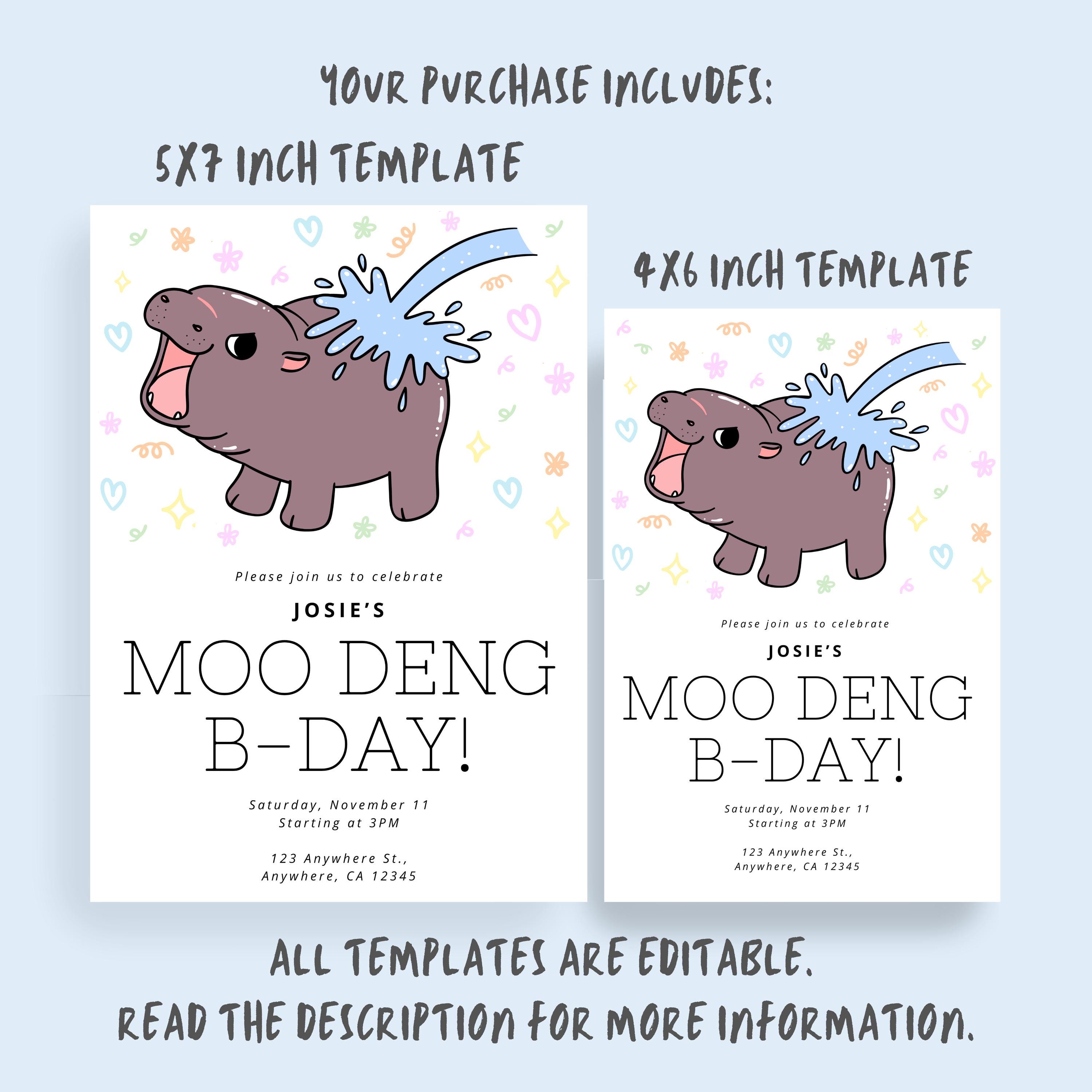 Moo Deng, Moo Deng Birthday Party Invitation Template, Baby Hippo ...