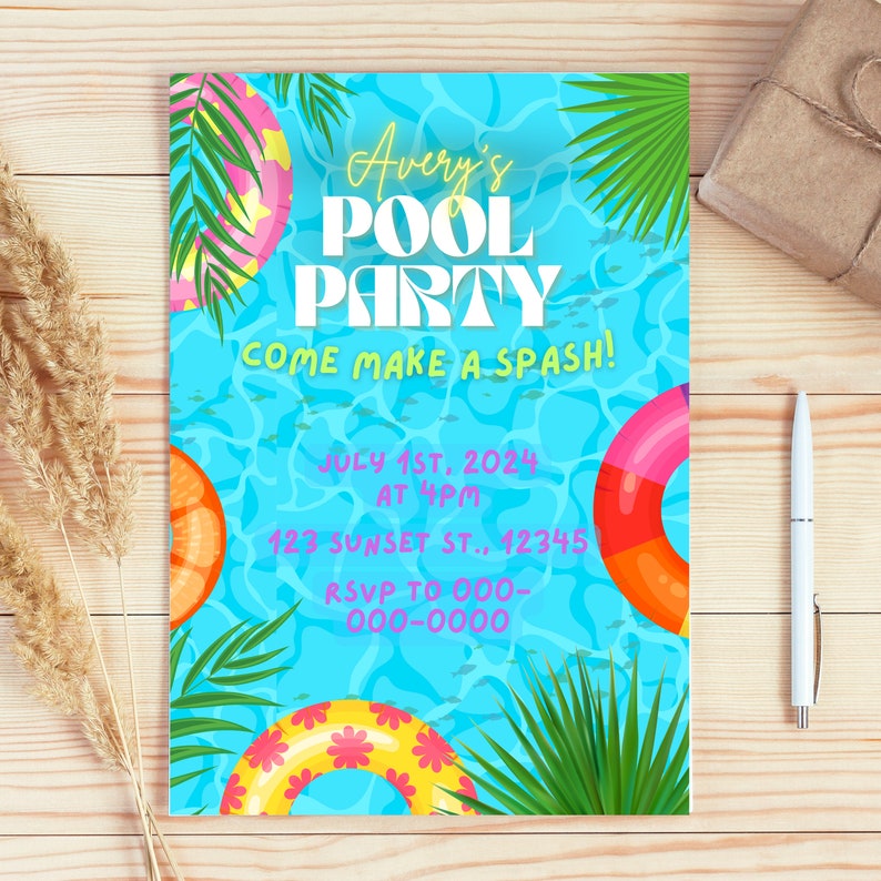 Summer Pool Party Invitation Template, Pool Birthday Invitation ...