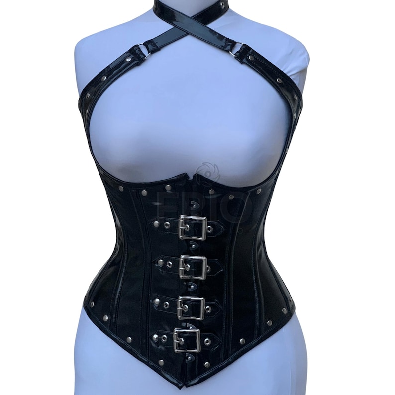 Black PVC Underbust Buckle Corset With Straps Heavy Duty Steel Boned ...
